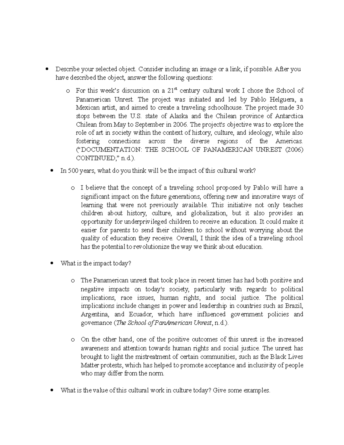 Discussion Week 5 Humanities - Describe your selected object. Consider ...