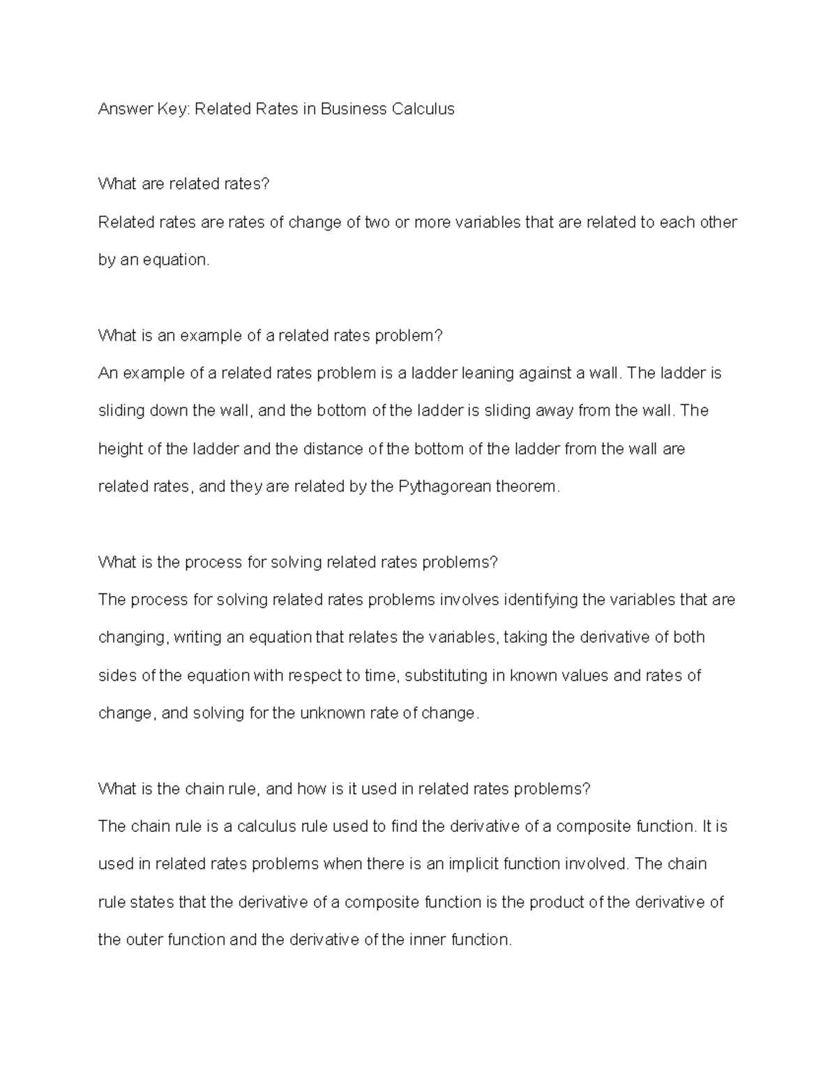 Answer Key Related Rates in Business Calculus - What is an example of a ...