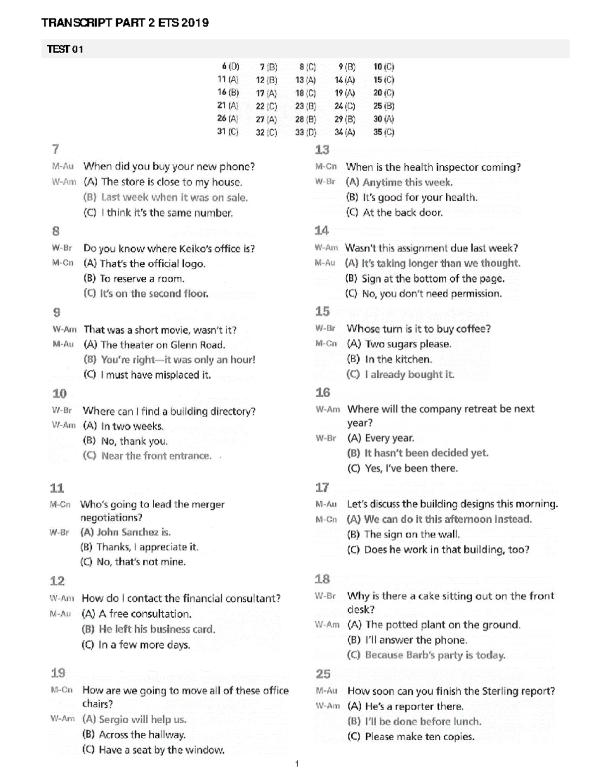 Script PART 2 ETS 2019 - toeic - TRANSCRIPT PART 2 ETS TEST TEST TEST ...