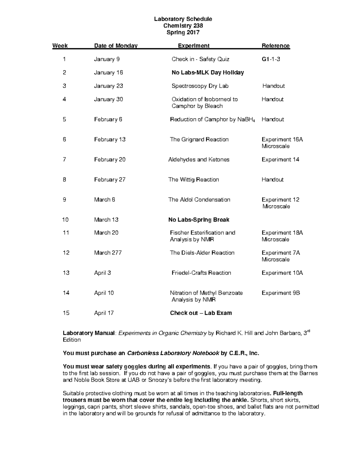 Schedule - Laboratory Schedule Chemistry 238 Spring 2017 Week Date of ...