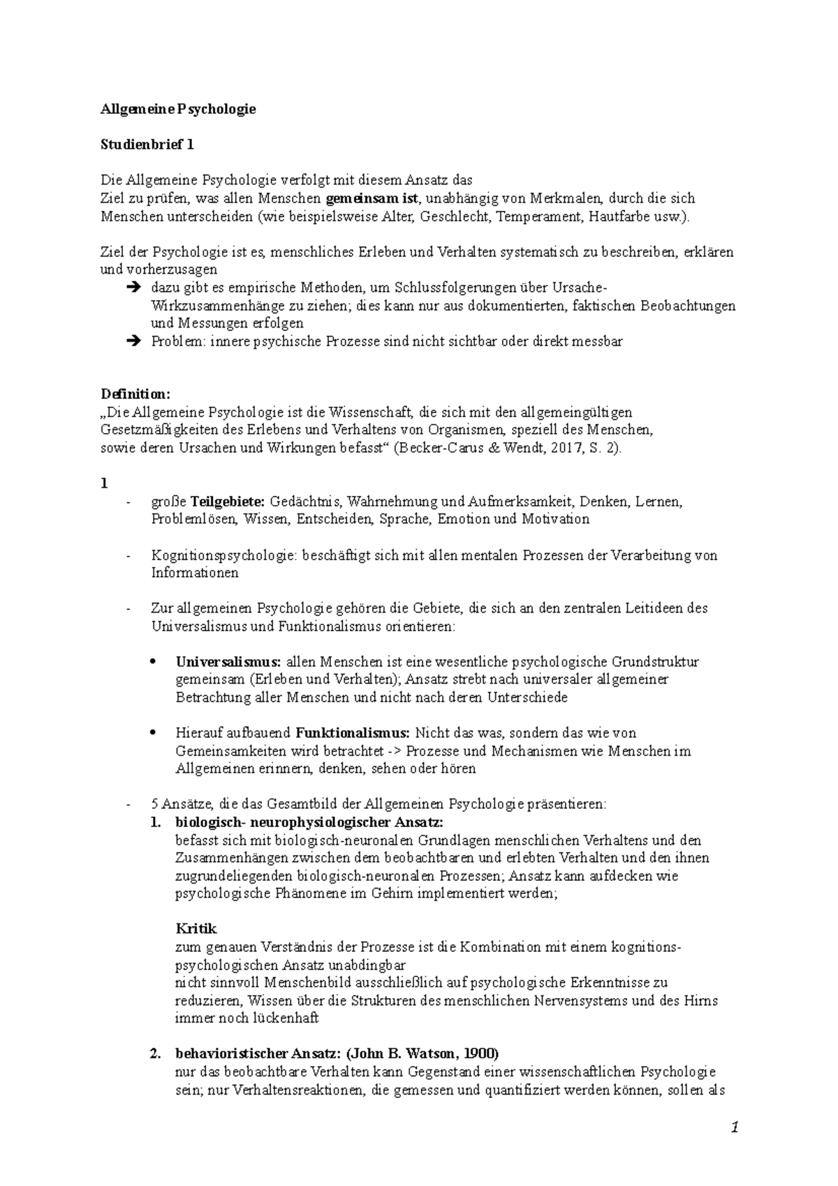Allgemeine Psychologie Brief 1 - Allgemeine Psychologie Studienbrief 1 Die Allgemeine ...