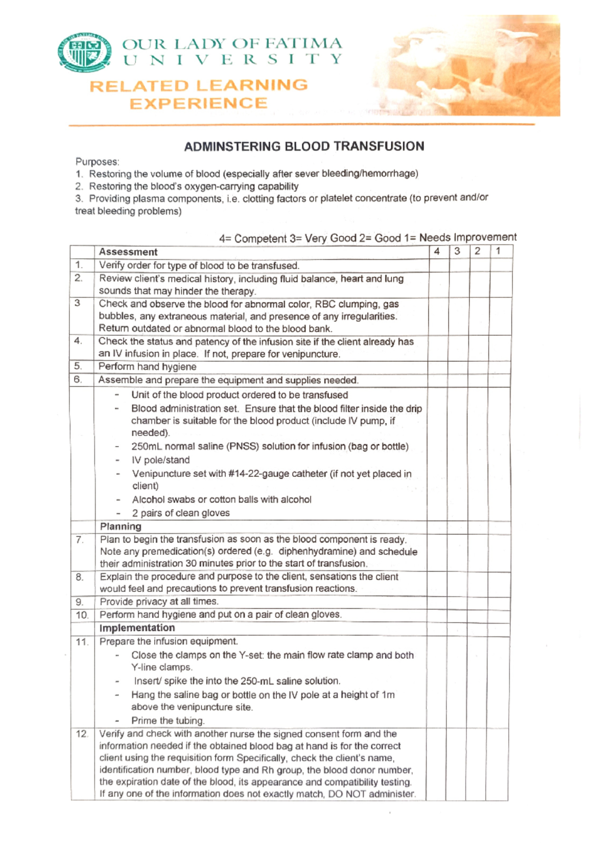 Blood- Transfusion- Checklist - medical surgical nursing - Studocu