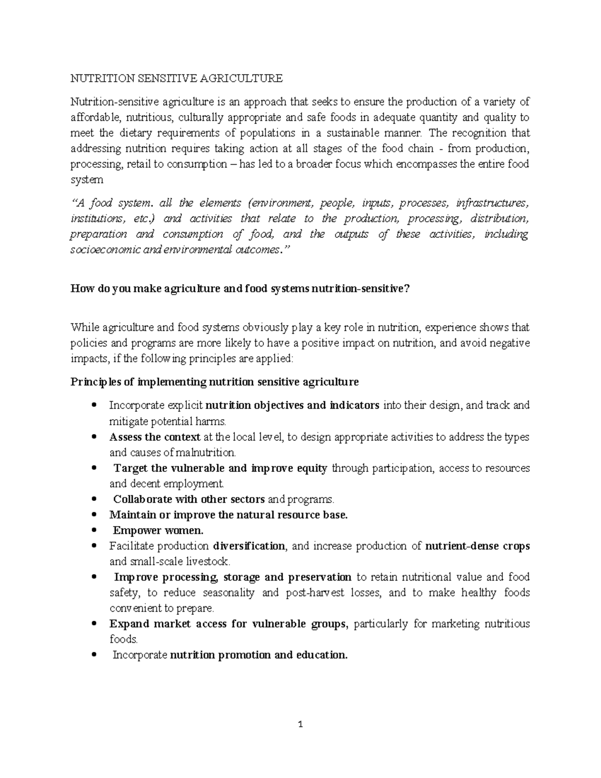 Nutrition Sensitive Agriculture PLANT PRODUCTION - NUTRITION SENSITIVE ...