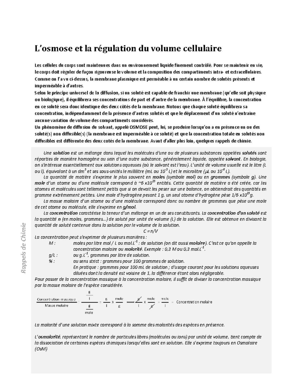 Synthèse osmose - Rappels de Chimie L’osmose et la régulation du volume ...