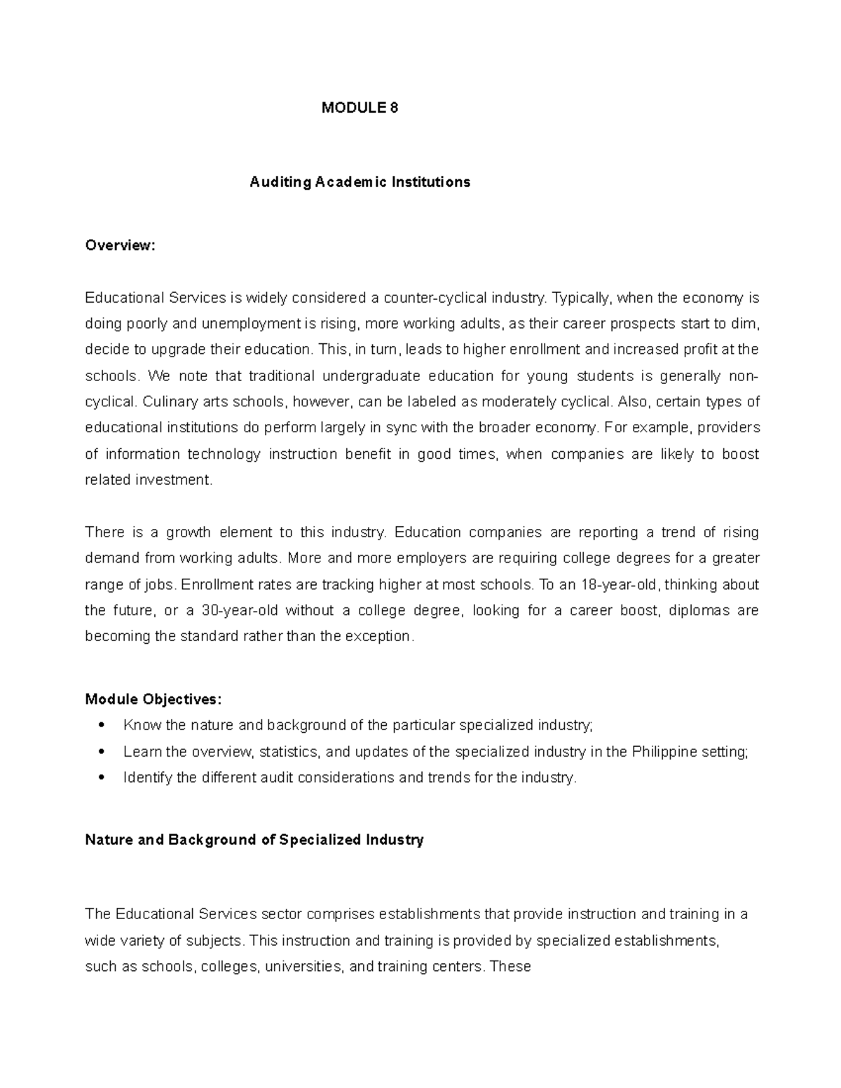 Module 8 specialized industries - MODULE 8 Auditing Academic ...