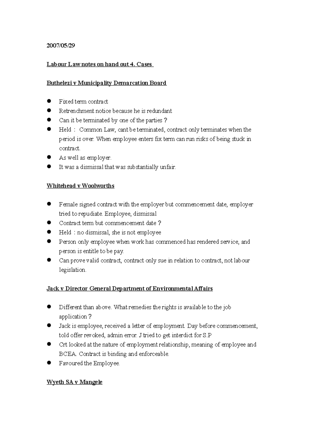 Labour law hand out 4 on cases - 2007/05/ Labour Law notes on hand out ...