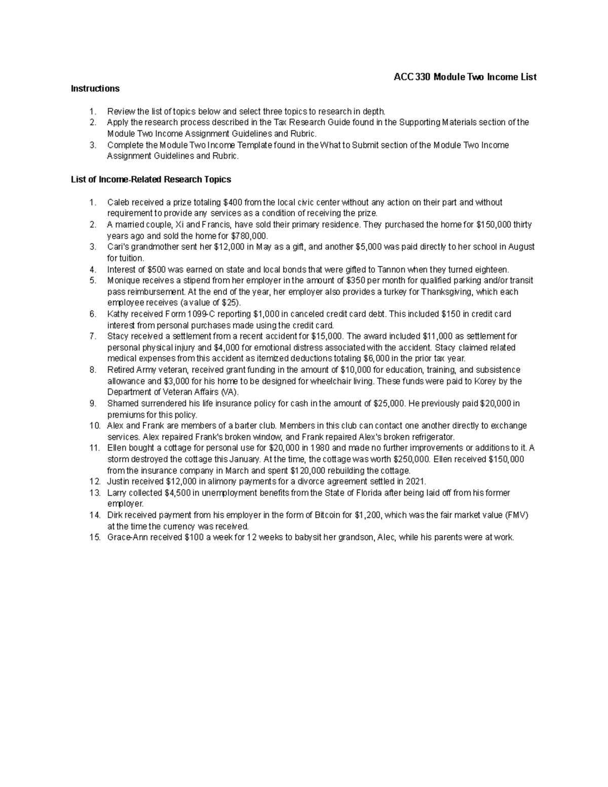 ACC 330 Module Two Income List - Apply the research process described ...