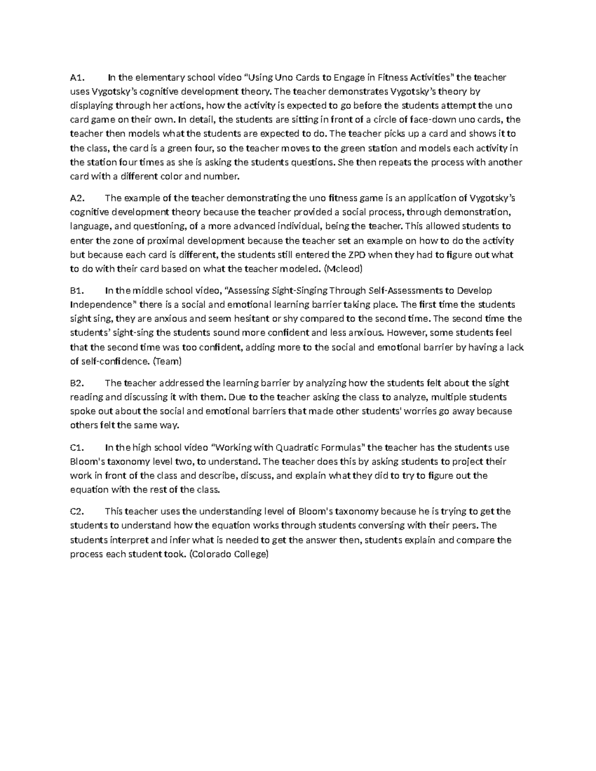 Task one - A1. In the elementary school video “Using Uno Cards to ...