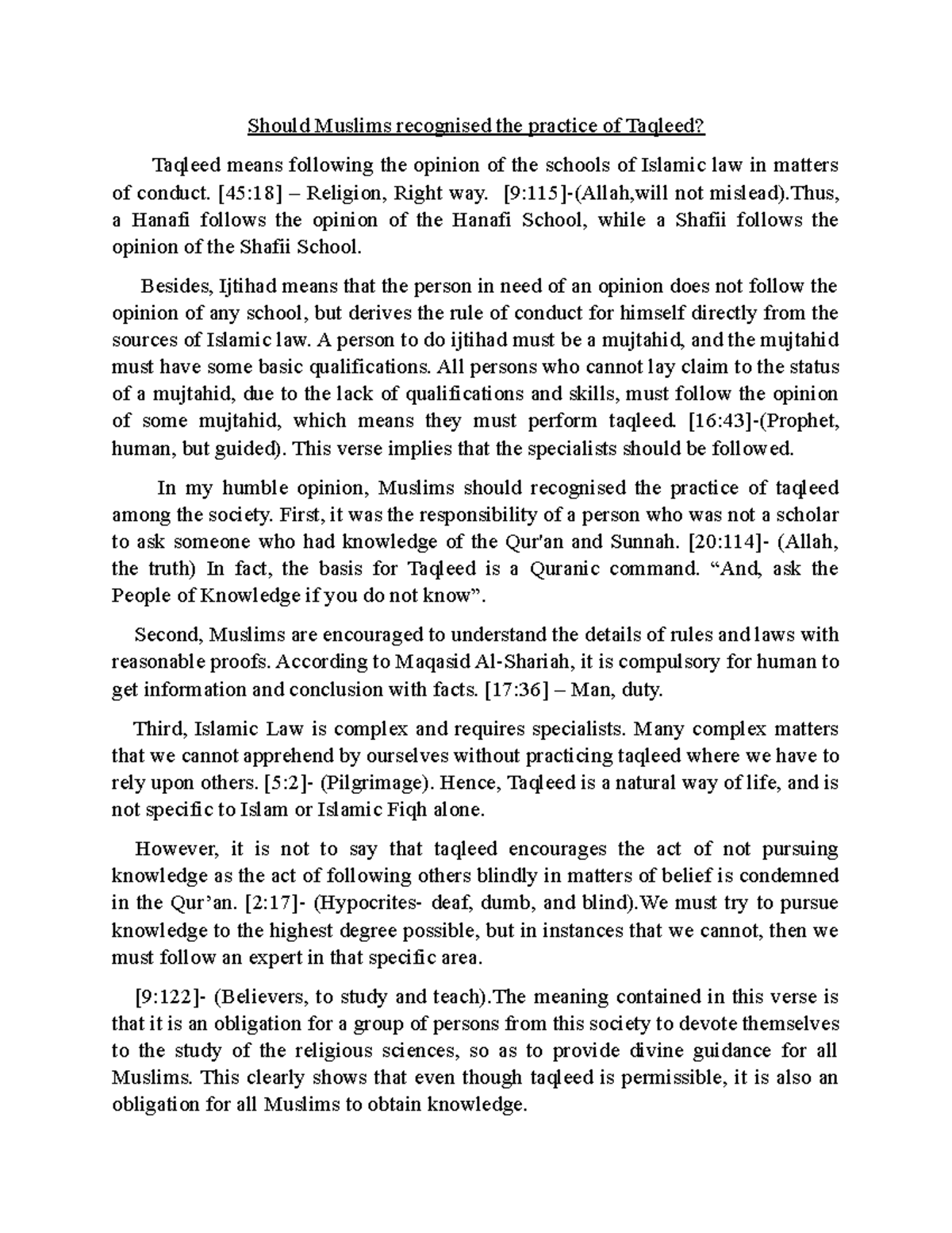 Taqleed - Islamic law notes - Should Muslims recognised the practice of ...