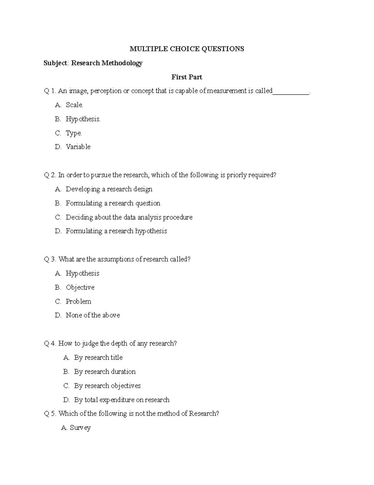 RM-MCQs chapter 1 to 4 - MULTIPLE CHOICE QUESTIONS Subject: Research ...