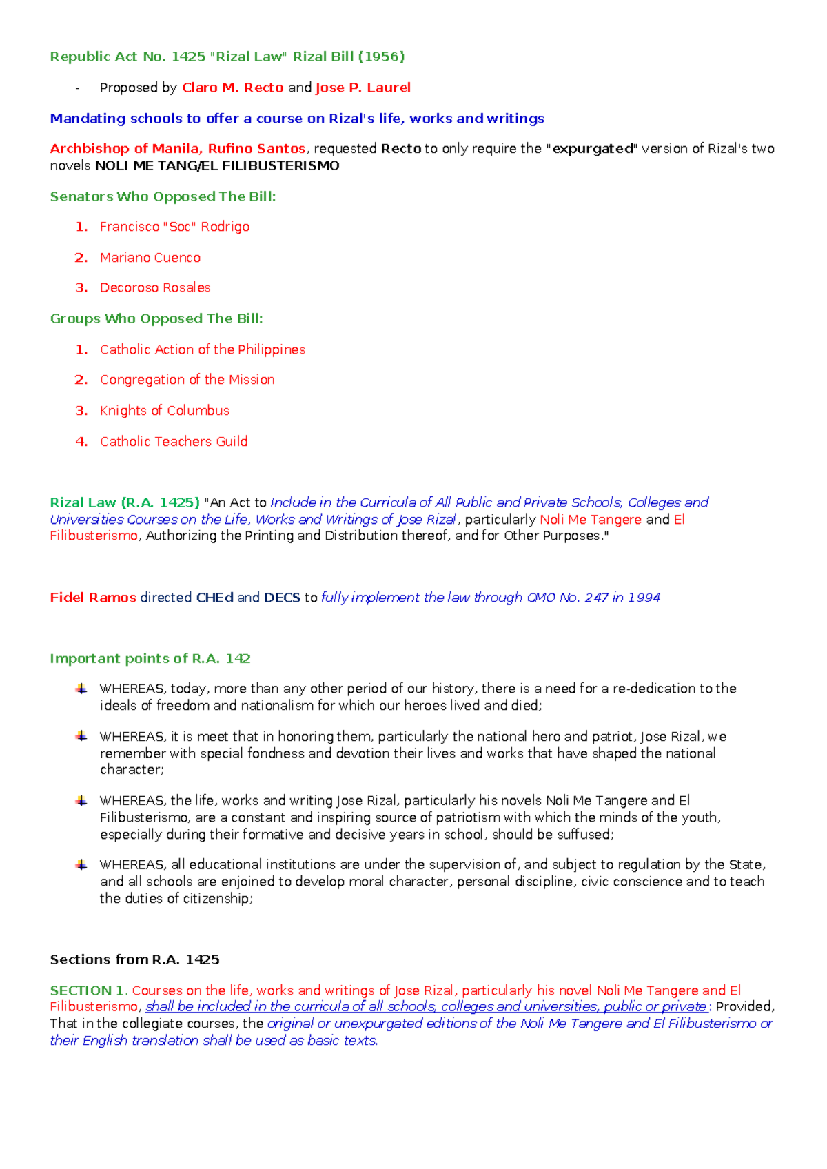 Rizal Chapter 1 - ljhgkjg,j - Republic Act No. 1425 "Rizal Law" Rizal ...