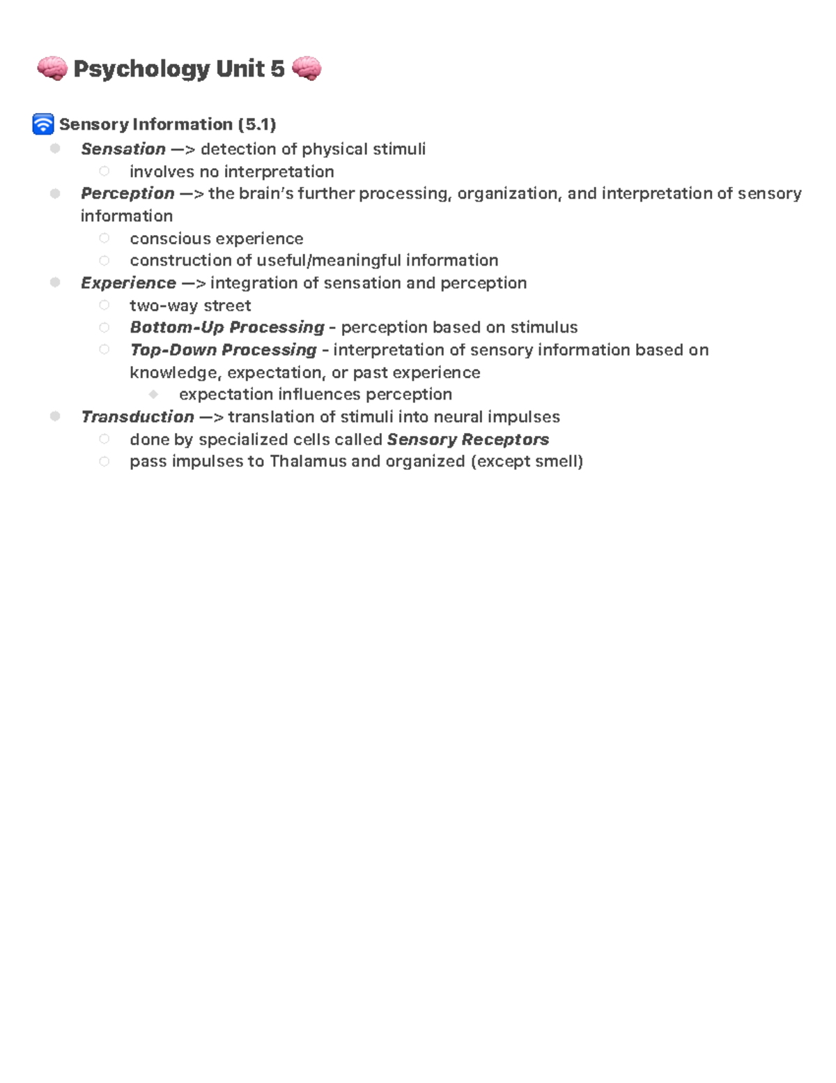 🧠 Psychology Unit 5 - Perception 🧠 - 🧠 Psychology Unit 5 🛜 🧠 Sensory ...