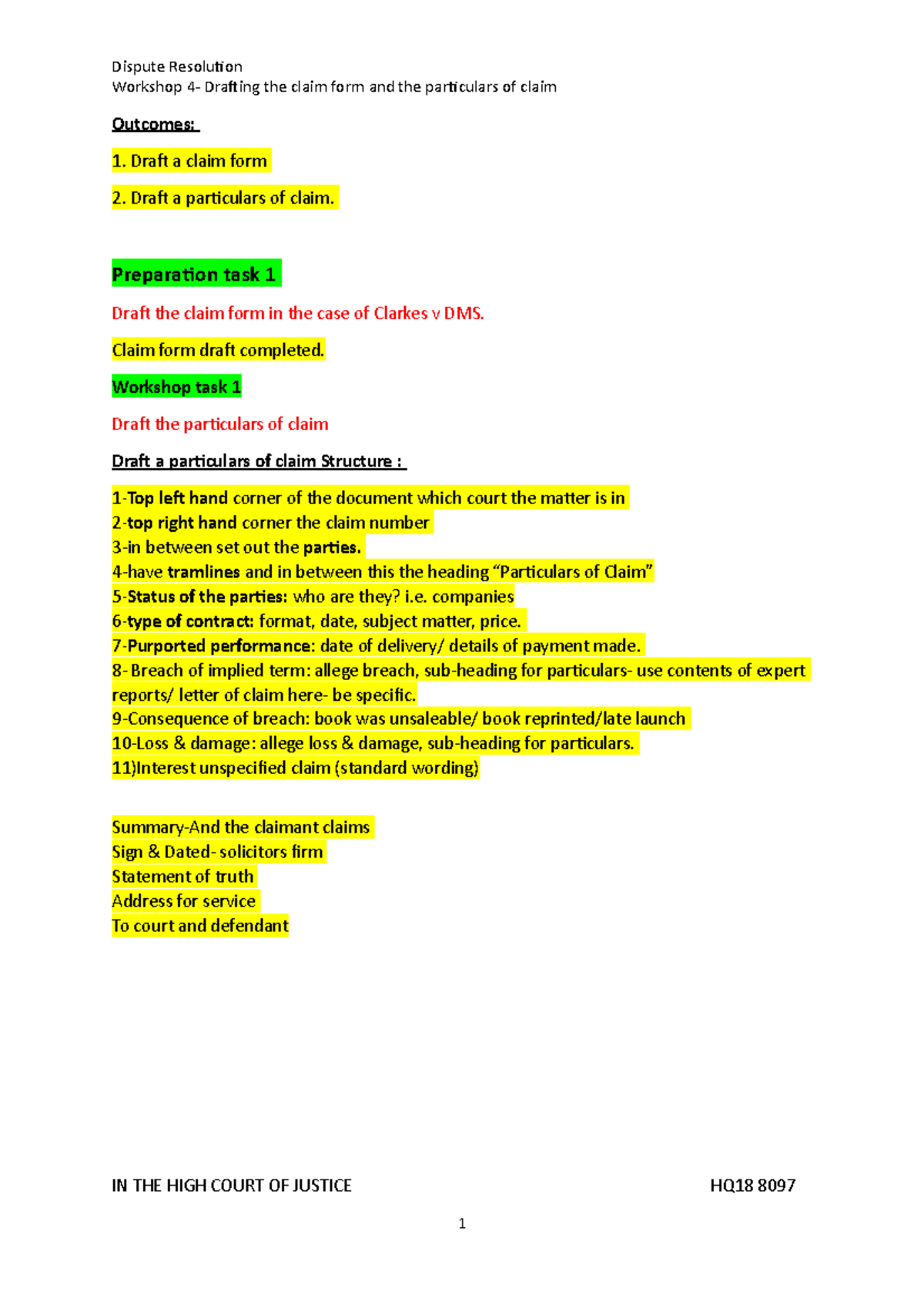 Workshop 4- Drafting the claim form and the particulars of claim ...