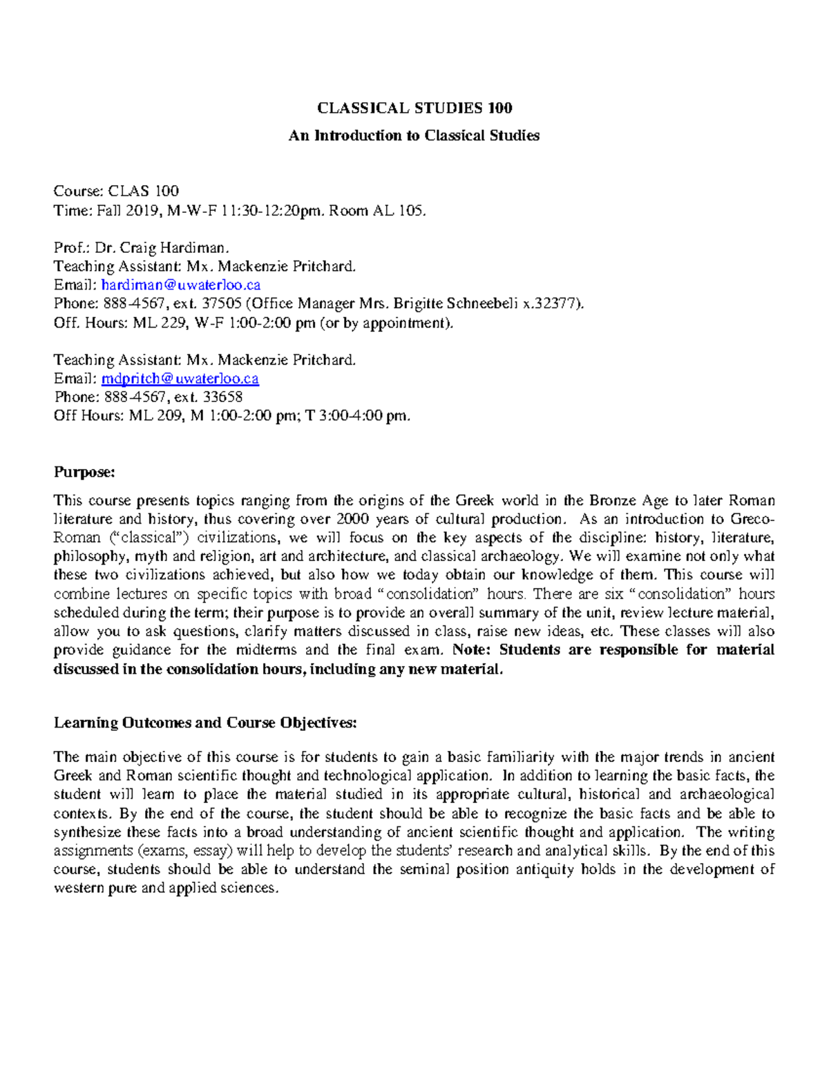 CLAS 100 F19 Syllabus - CLASSICAL STUDIES 100 An Introduction to ...