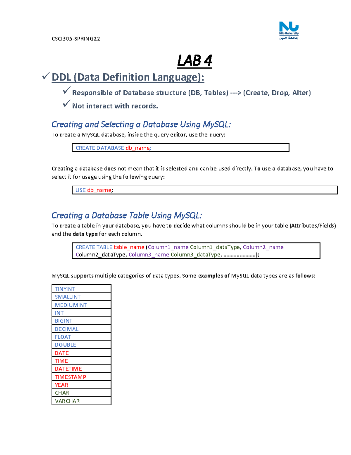 Lab 5 Queries (DDL) - Lab 5 questions - LAB 4 DDL (Data Definition Language): Responsible of ...