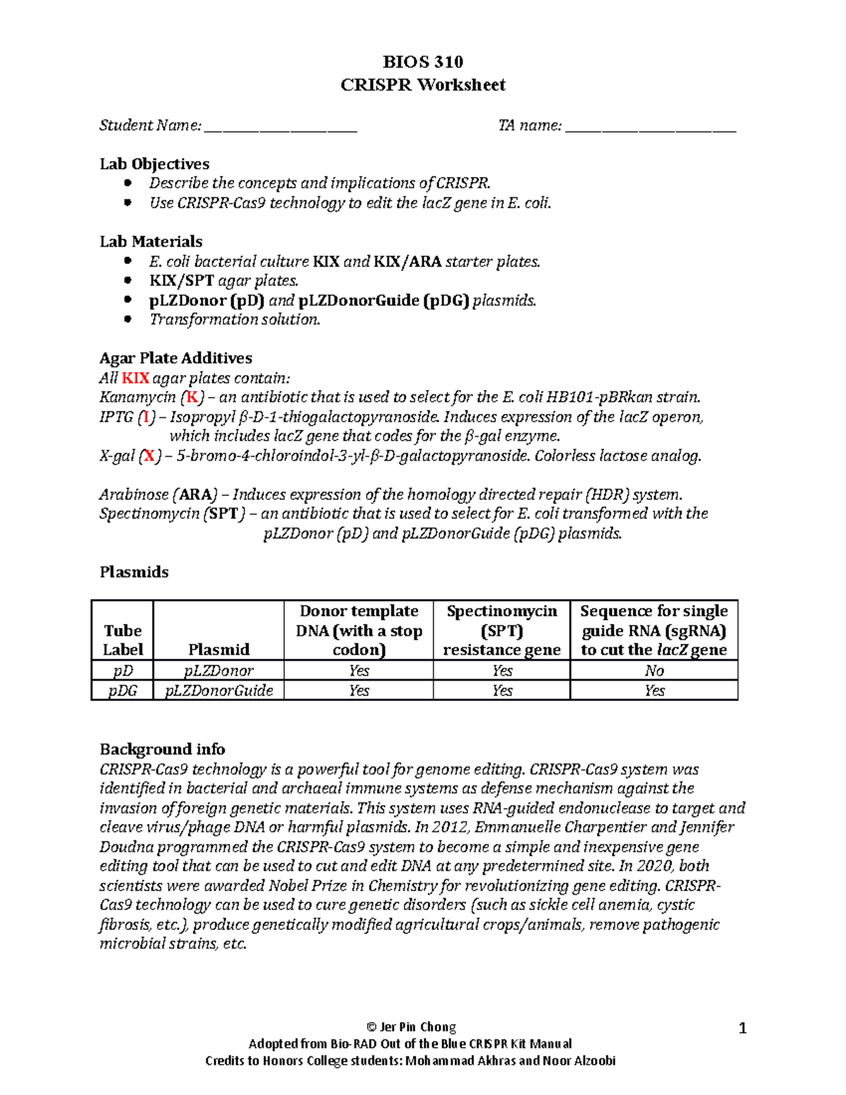 Crispr Lab Worksheet for Genetics - GCLS 511 - UIC - Studocu
