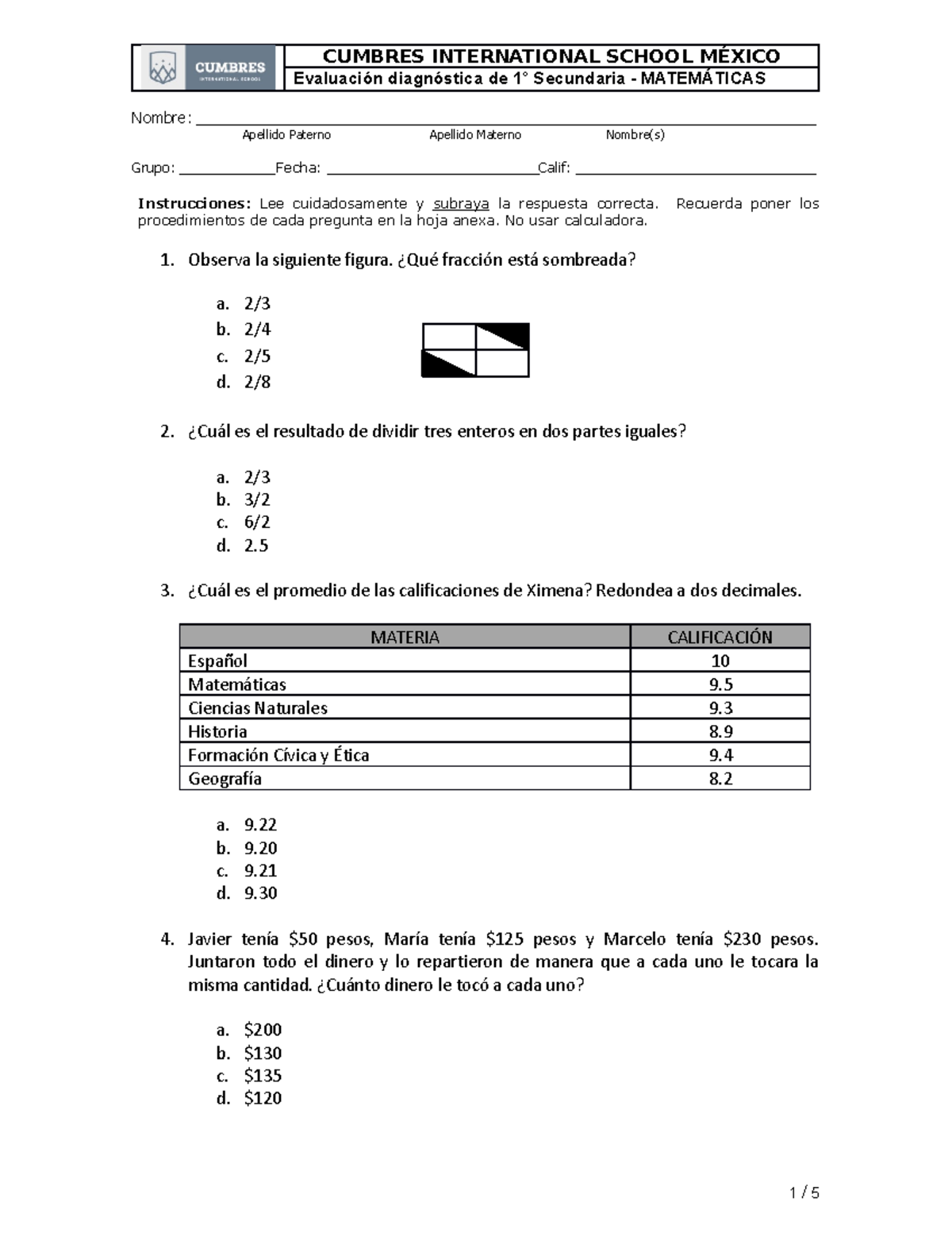 Examen diagnóstico Matemáticas 1º secundaria 2023-2024 nuevo formato ...