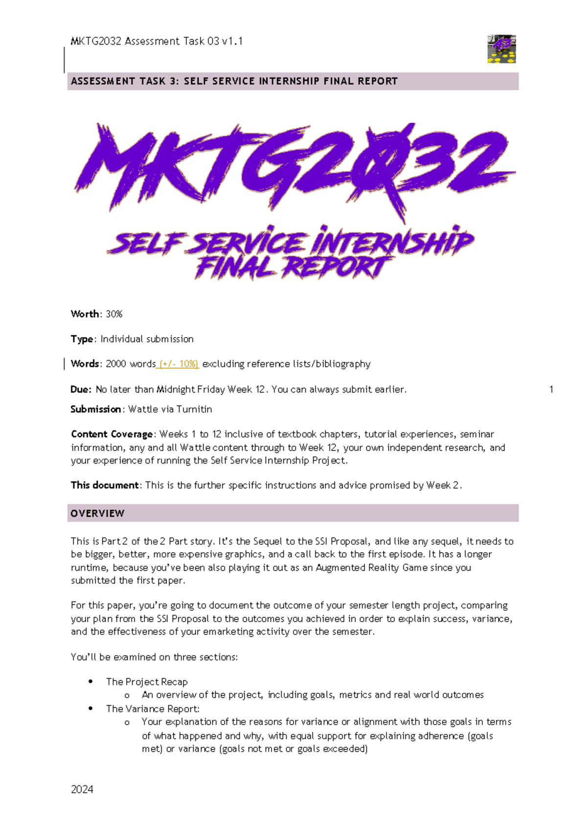 MKTG2032 S2 2K24 Assessment Task A3 v1 - 1 ASSESSMENT TASK 3: SELF SERVICE INTERNSHIP FINAL ...