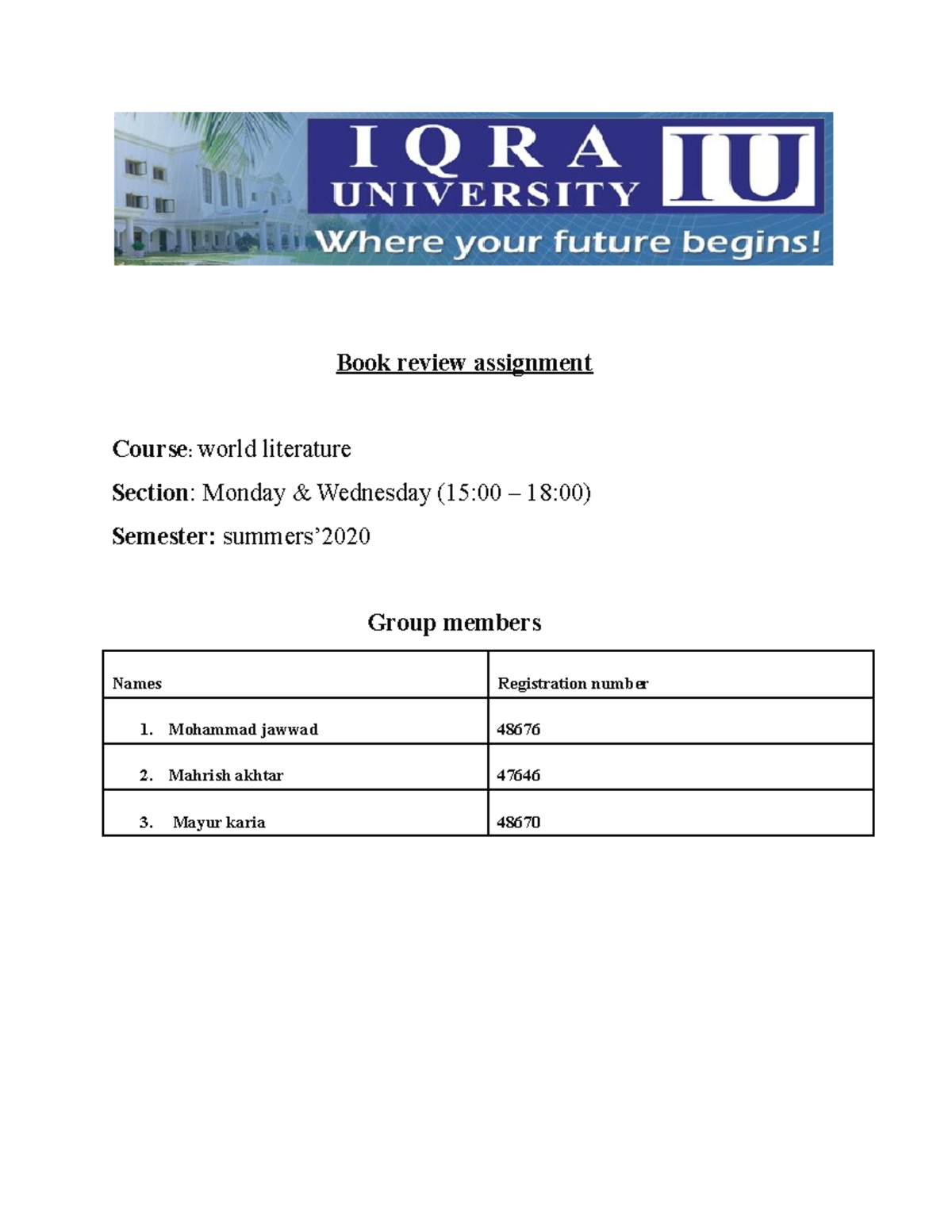 Book review assignment - Book review assignment Course: world ...