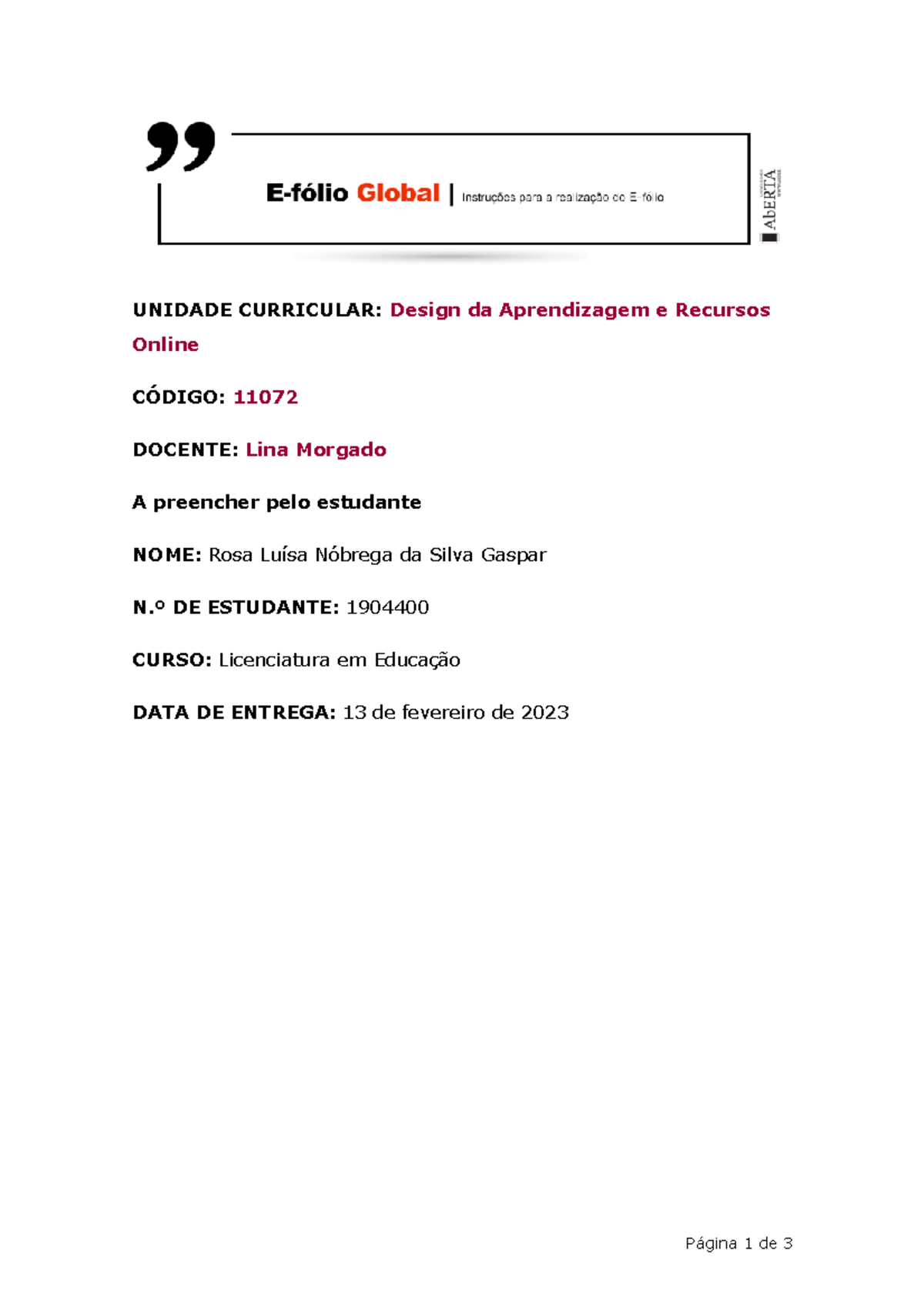 Folha resolucao efolio global Design da Aprendizagem e Recursos Online ...