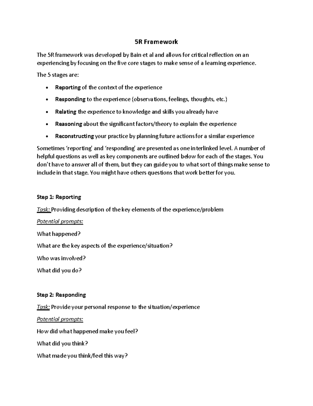 5r Framework For Critical Reflection 5r Framework The 5r Framework Was Developed By Bain Et Al
