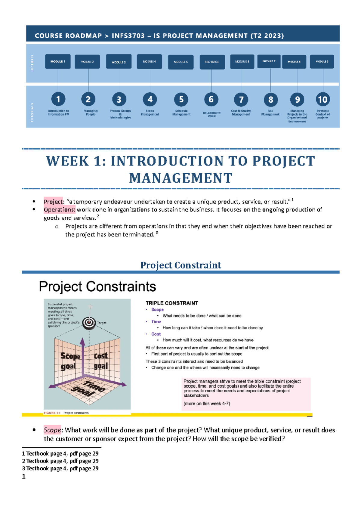 Infs Notes Week 1 Introduction To Project Management Project A Temporary Endeavour