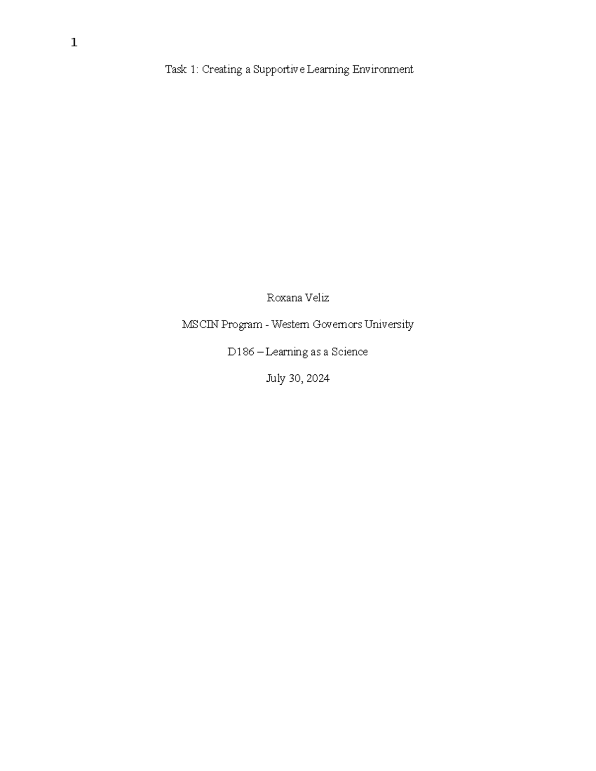D186 Task 1 - D186 - passed - Task 1: Creating a Supportive Learning Environment Roxana Veliz ...