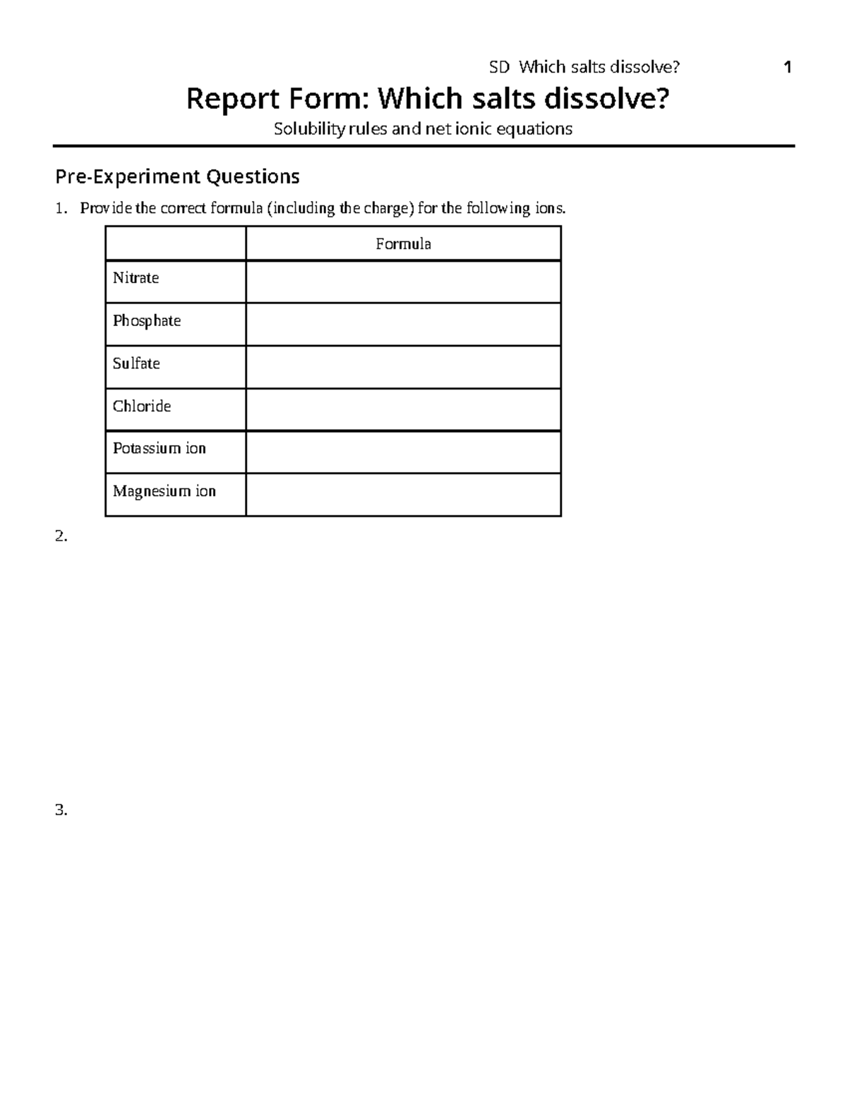 Chem 111 Experiment 5 Which salts dissolve Report Form - Report Form ...