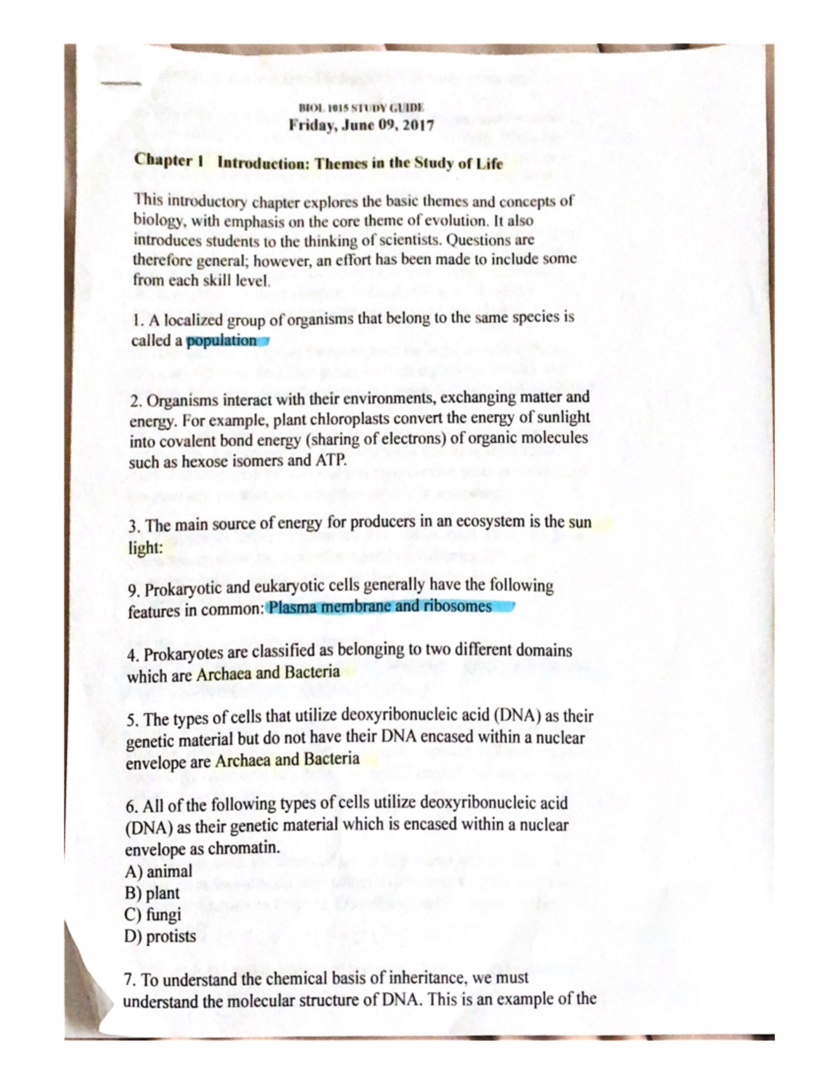 BIOL 1015 Study Guide - BIOL 1015 - Studocu