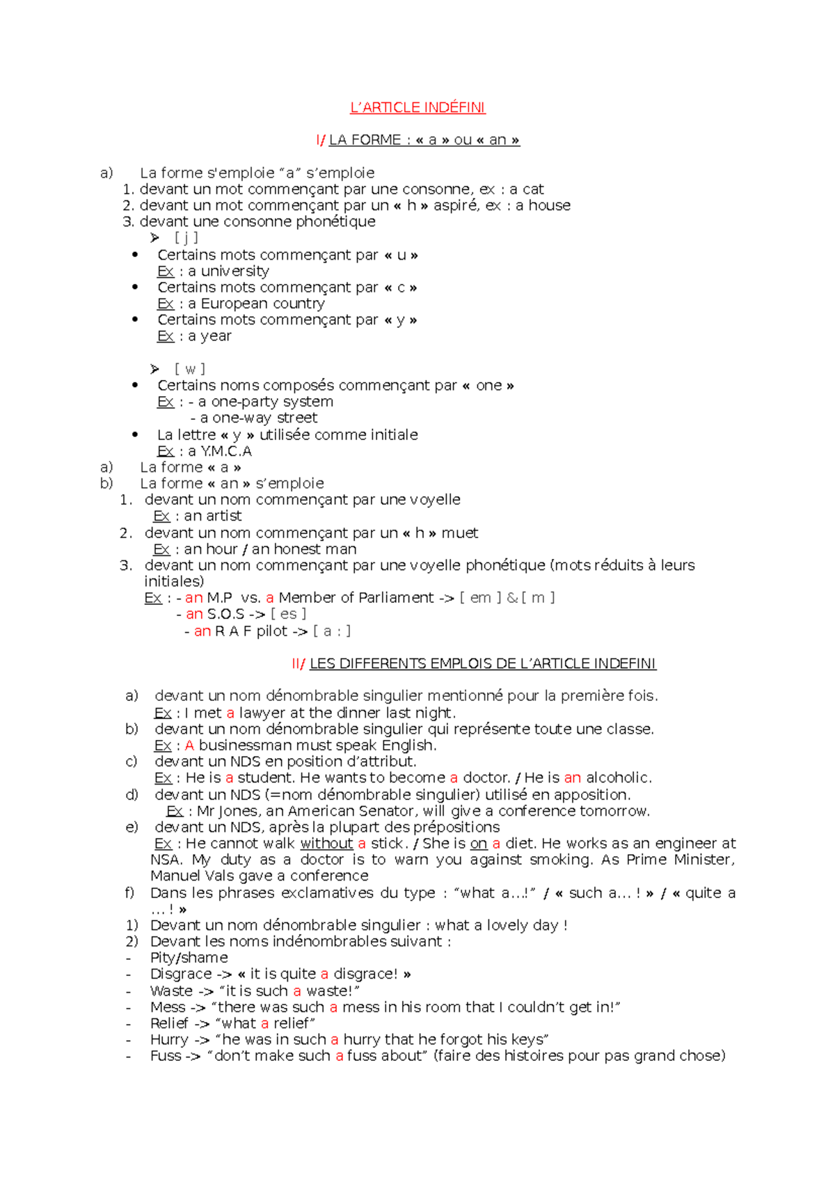 2 L Article Defini - L’ARTICLE INDÉFINI I/ LA FORME : « a » ou « an » a ...