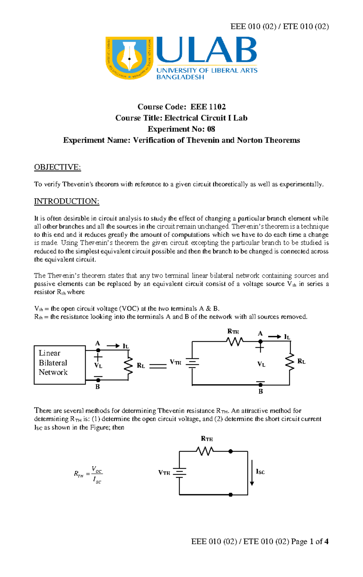 EEE 1102 EEE 102 ETE 102 - Experiment 08 - Course Code: EEE 1102 Course Title: Electrical ...