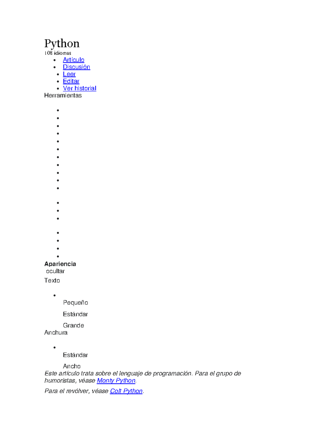Python - ssssss - Python 108 idiomas • Artículo • Discusión • Leer • Editar • Ver historial ...