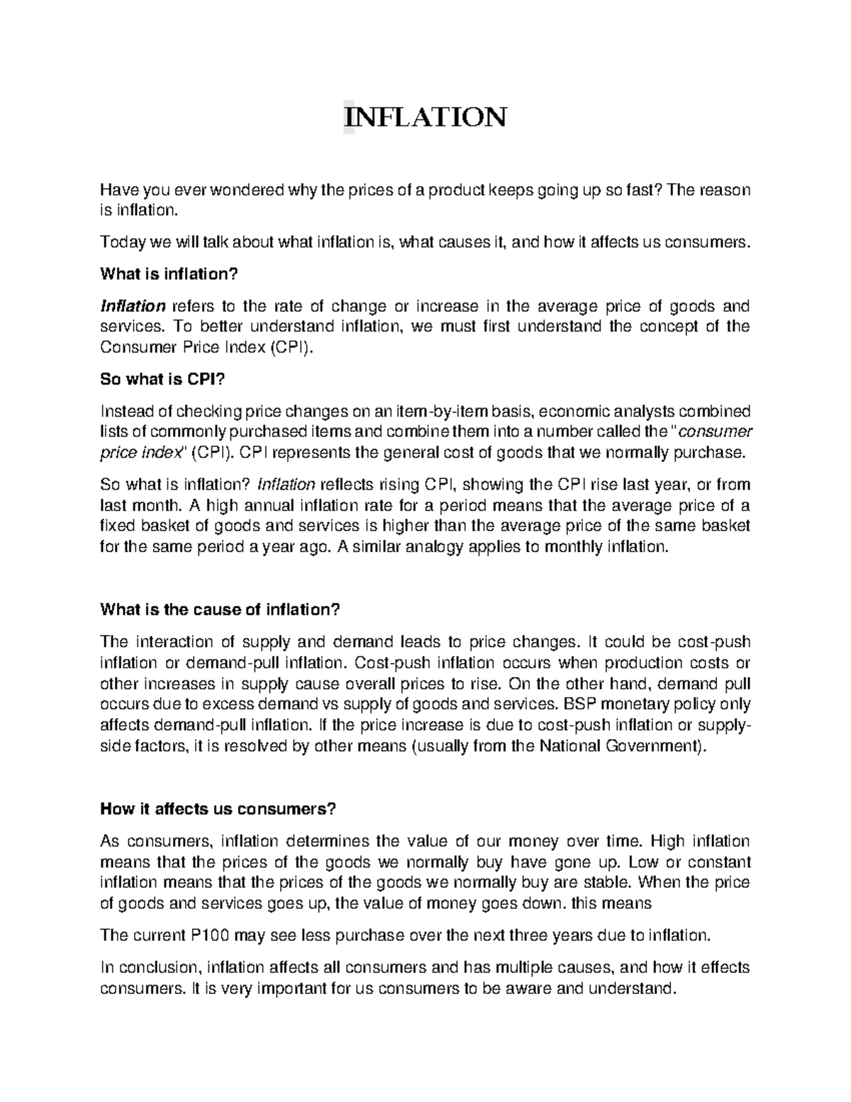 Inflation - INFLATION Have you ever wondered why the prices of a ...