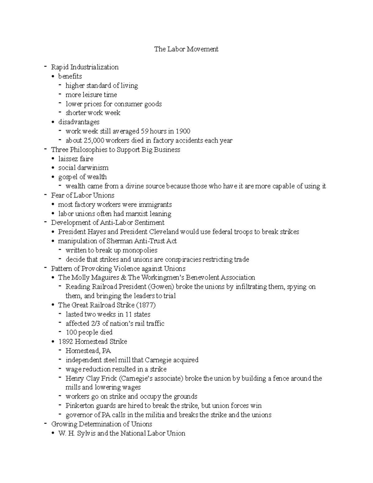 The Labor Movement - Metcalf's Lecture Notes - The Labor Movement ...