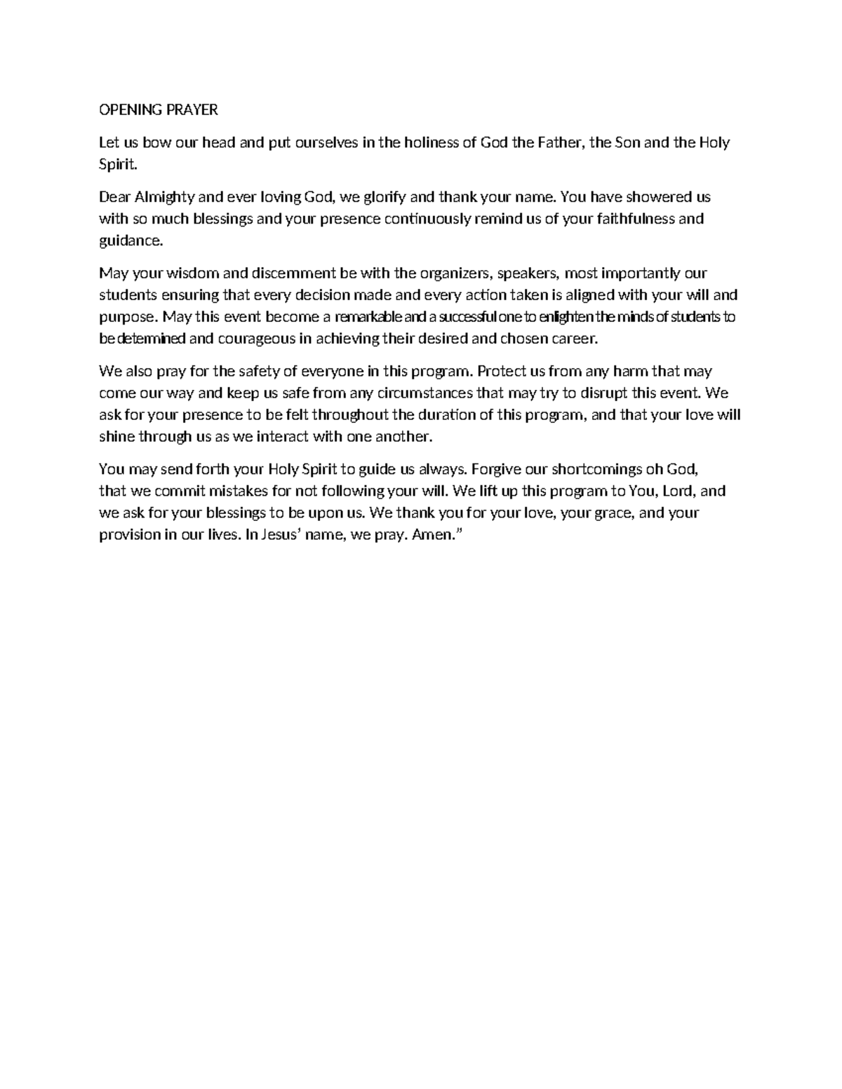 Opening Prayer - OPENING PRAYER Let us bow our head and put ourselves ...