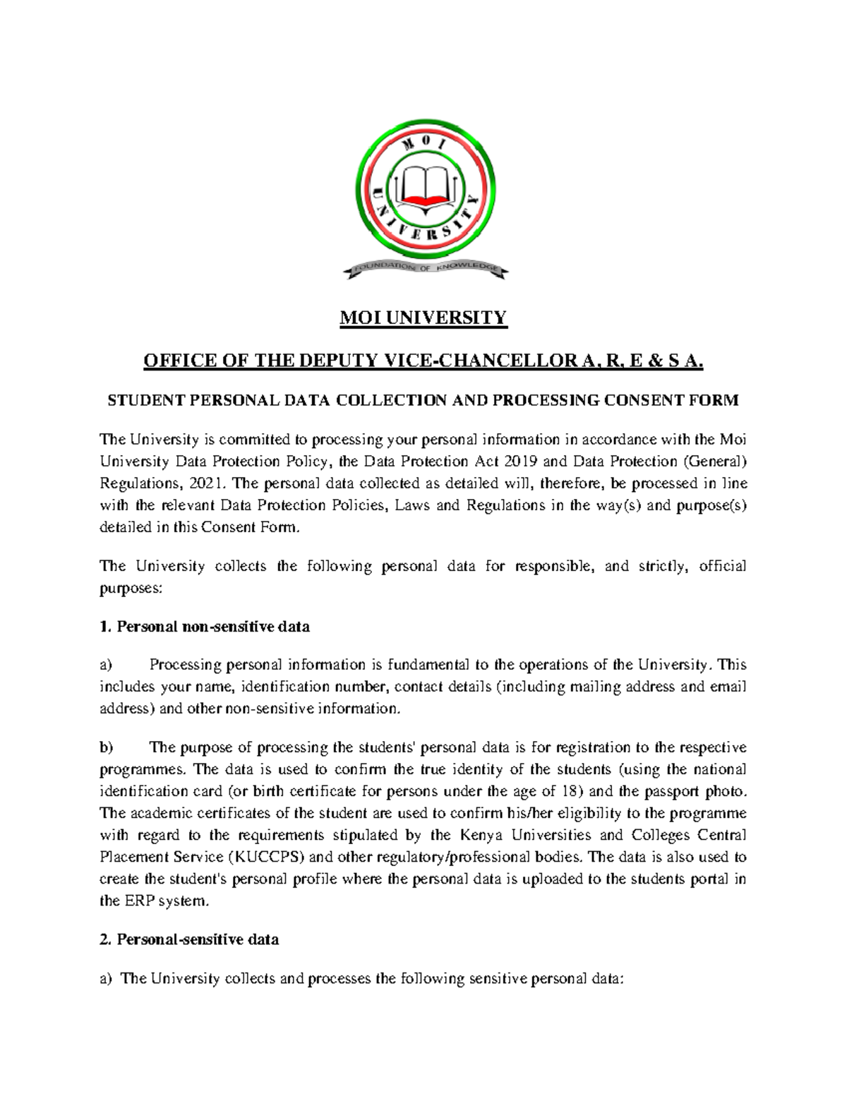 Students DATA Consent FORM - MOI UNIVERSITY OFFICE OF THE DEPUTY VICE-CHANCELLOR A, R, E & S A ...