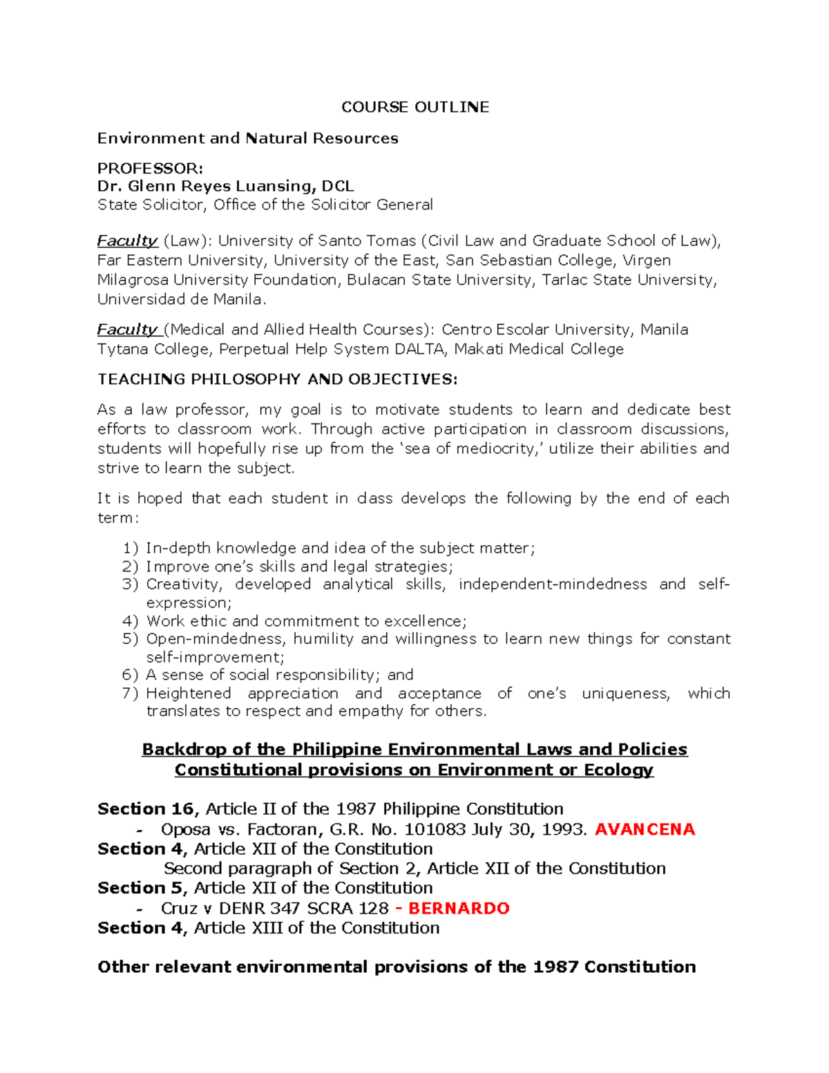 Syllabus- Natural- Resources - COURSE OUTLINE Environment and Natural ...