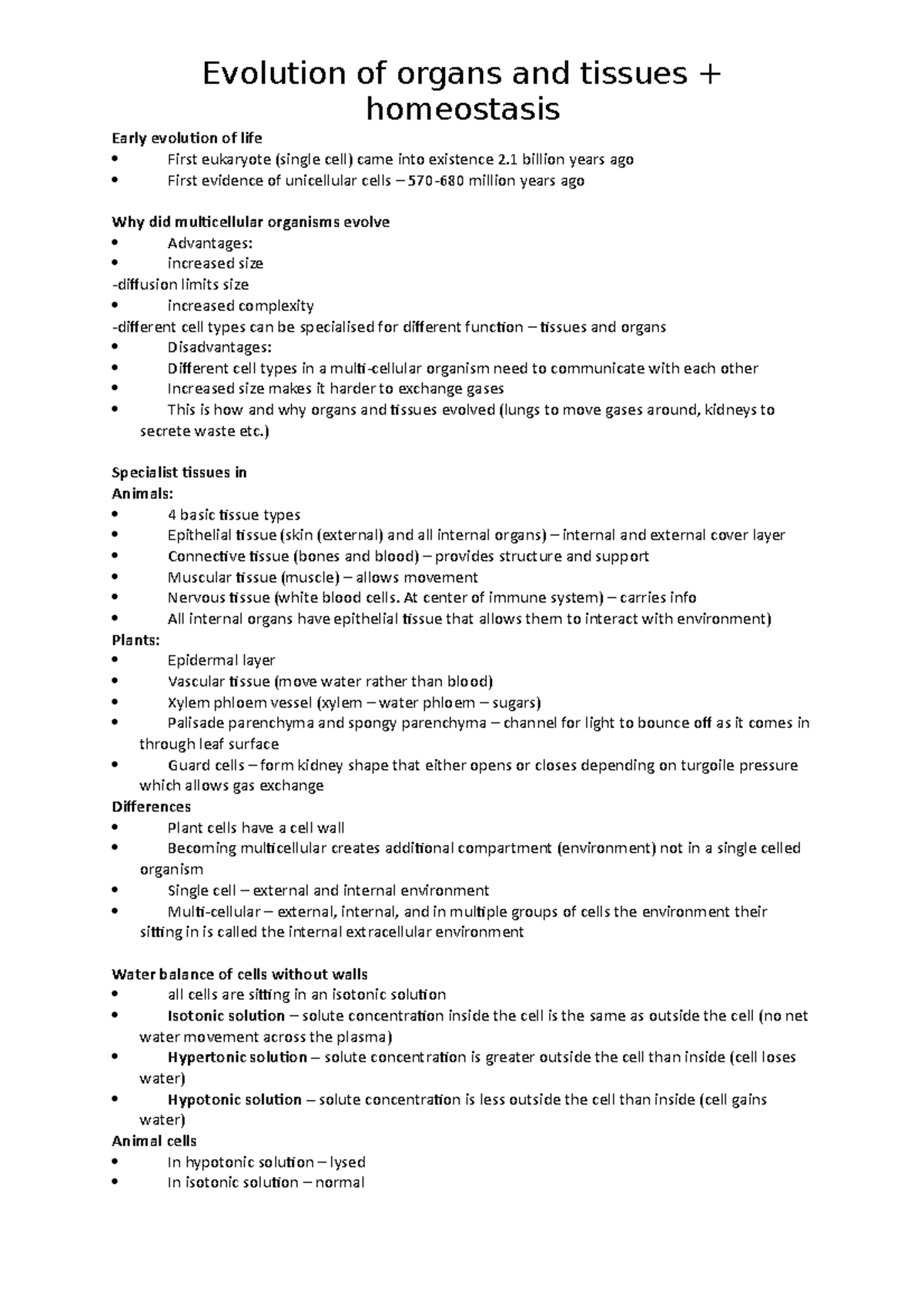 Evolution of organs and tissues + homeostasis - ) Specialist tissues in ...