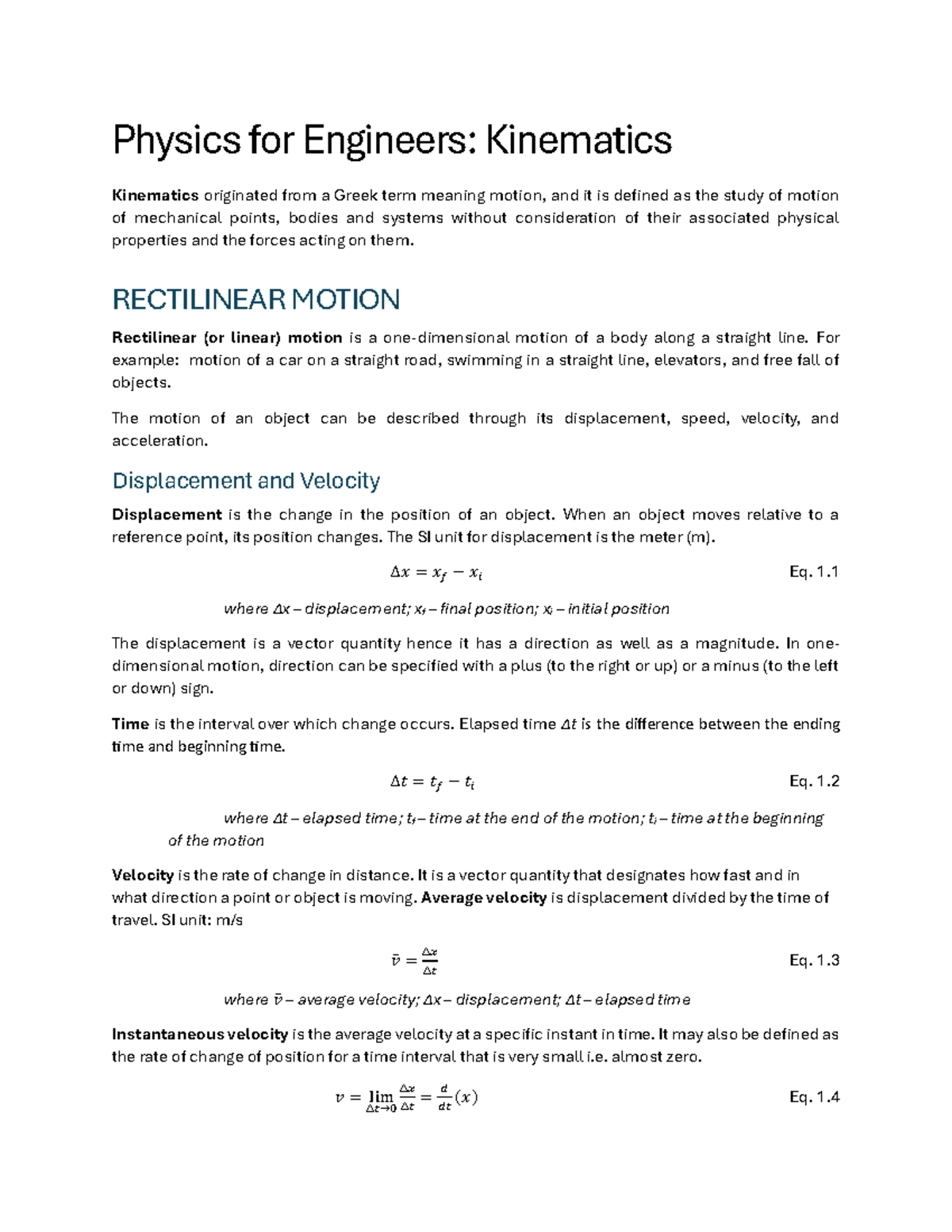 Physics - Kinematics Complete Formula and Concepts - Physics for Engineers: Kinematics ...