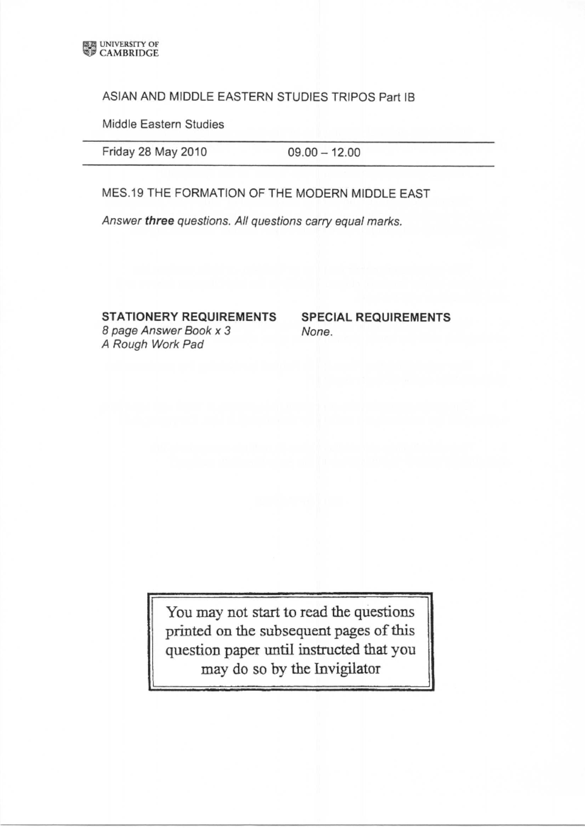 Exam 2010, questions - w 9: UNIVERSITY OF f CAMBRIDGE ASIAN AND MIDDLE ...