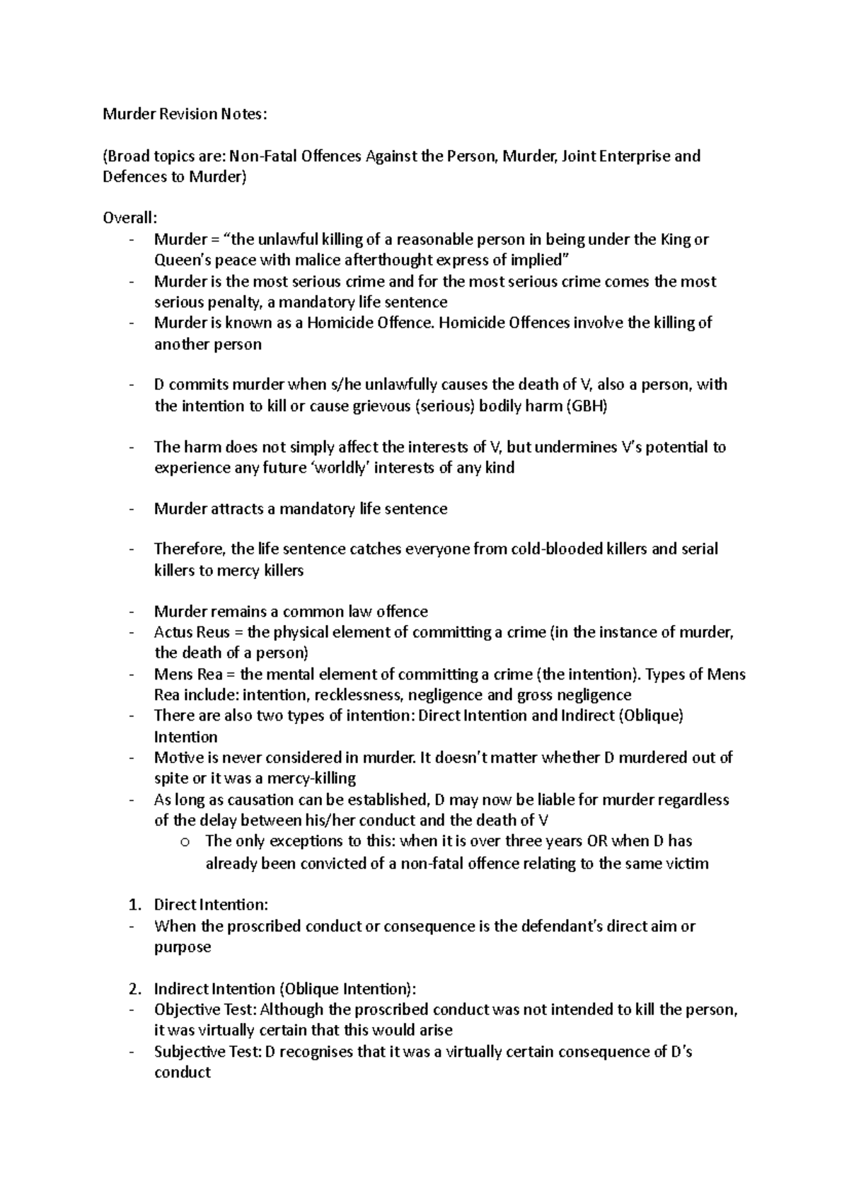 Murder Revision Notes - Murder Revision Notes: (Broad topics are: Non ...