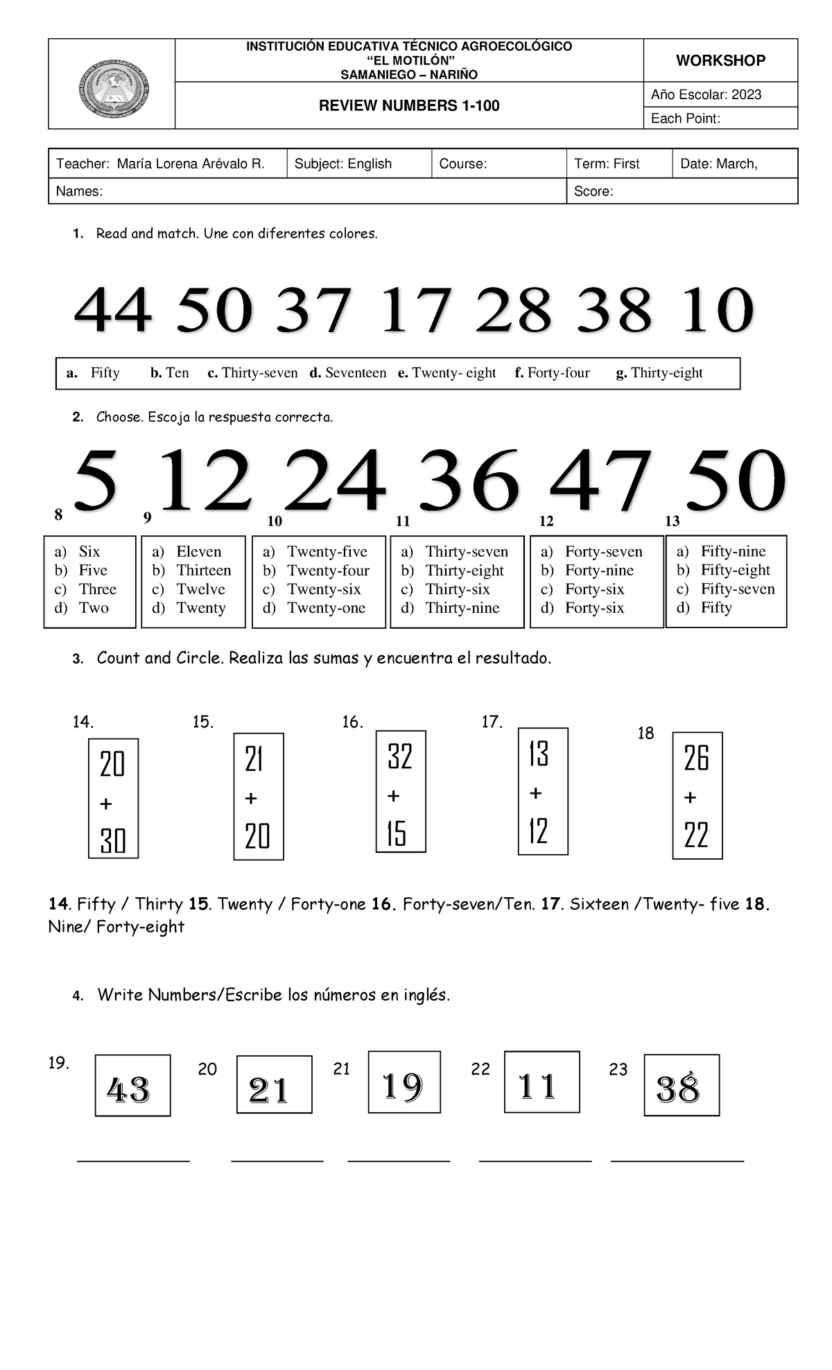 Review Numbers 6 y 7 - dfsfsdf - 8 10 11 12 INSTITUCIÓN EDUCATIVA ...