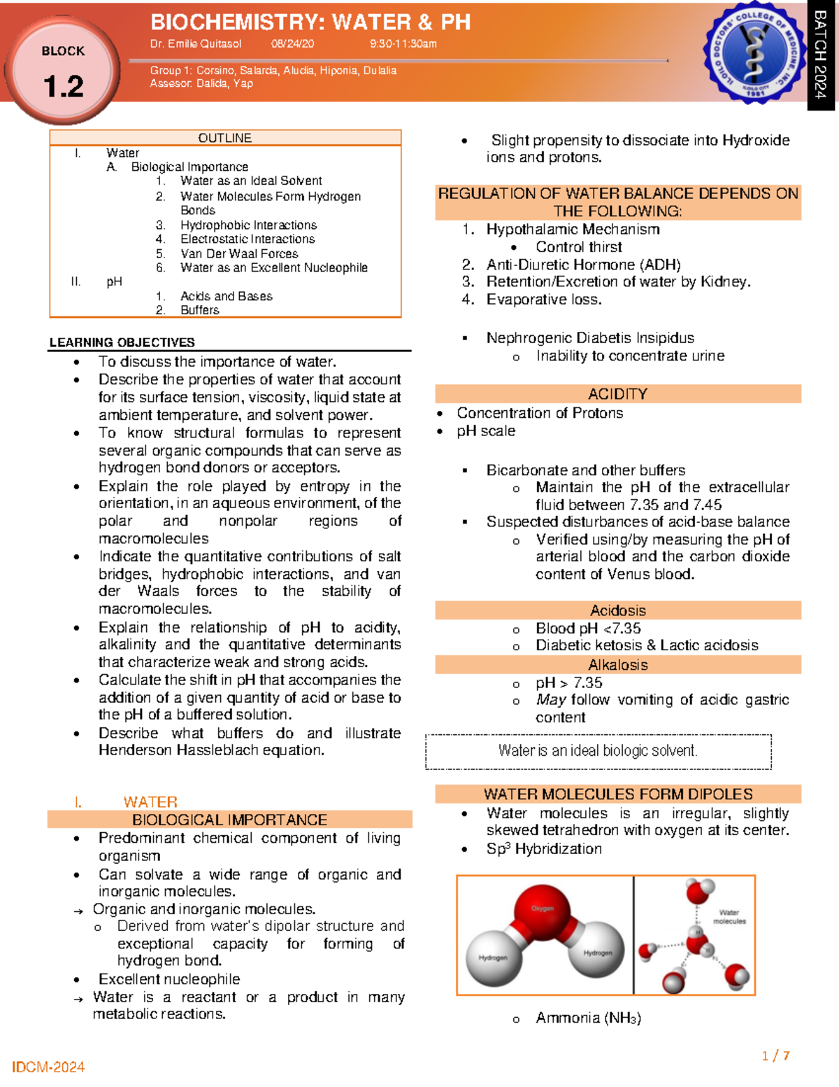 Water and pH from Harpers - 1 / 7 IDCM- 2024 BIOCHEMISTRY: WATER & PH ...