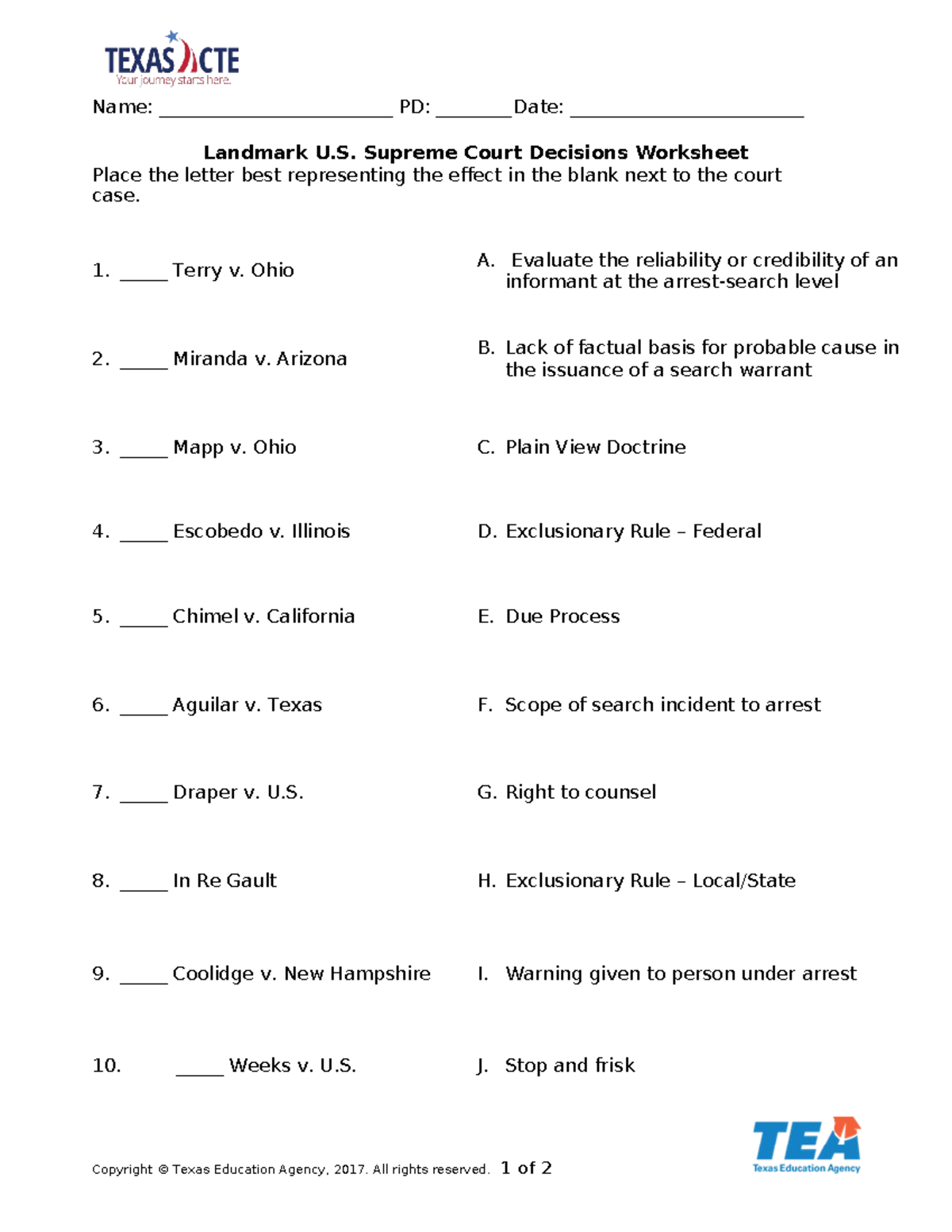 Supreme Cases Matching - Name: _________________________ PD ...