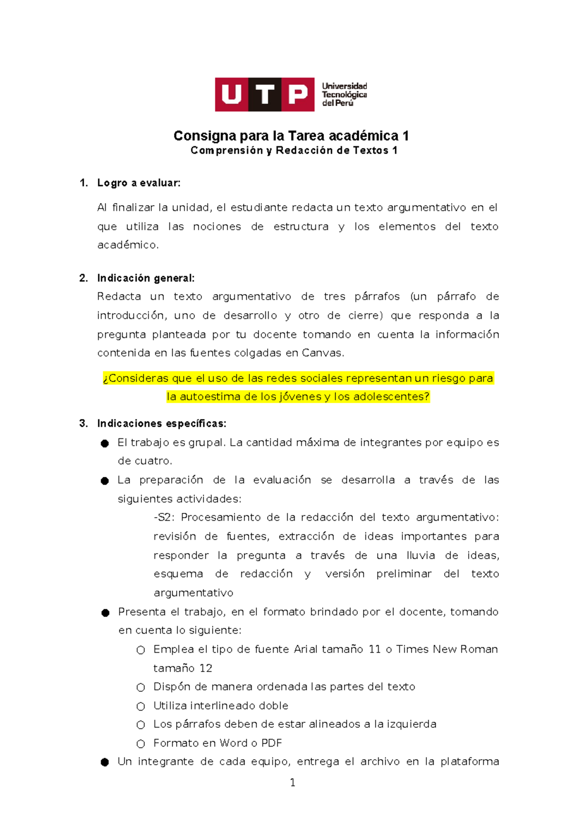 Tarea academica 1 preliminar - Consigna para la Tarea académica 1 Comprensión y Redacción de ...