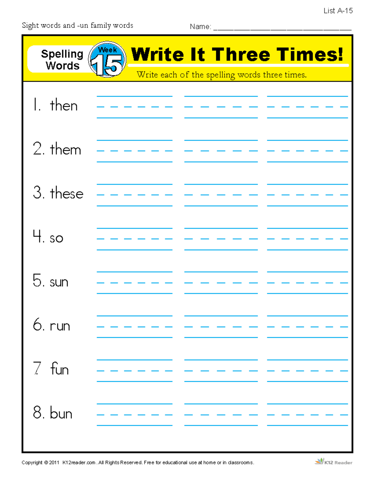 1st grade spelling words week 15 - Spelling Words Write It Three Times ...