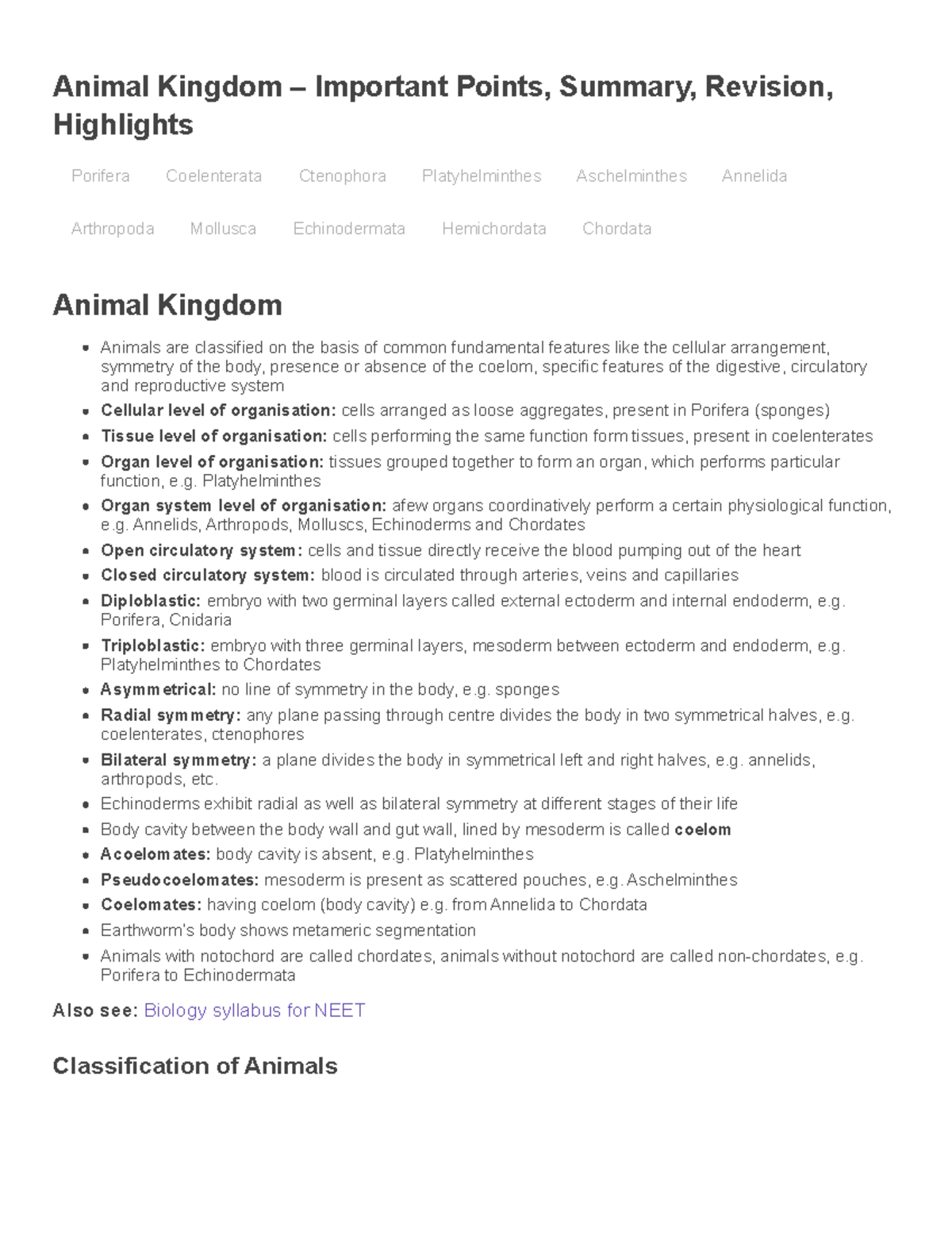 Animal Kingdom - Important Notes for NEET Biology - Animal Kingdom ...