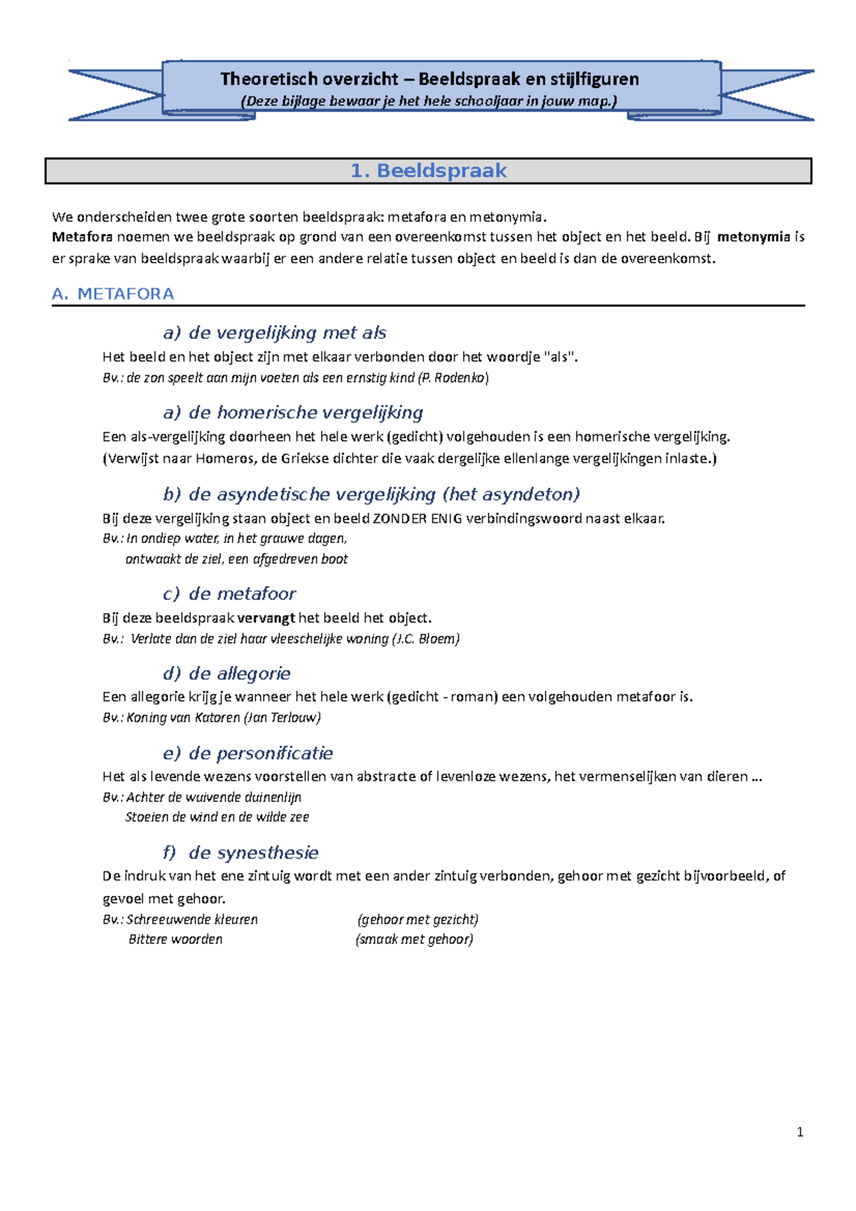 Overzicht beeldspraak en stijlfiguren - 1. Beeldspraak We onderscheiden ...