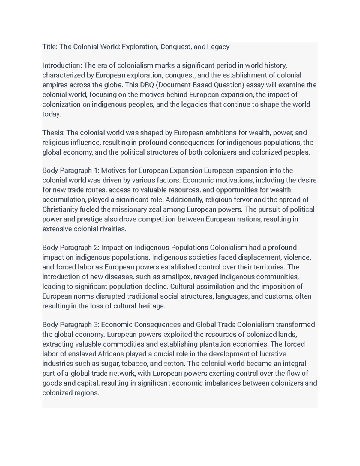 Colonial World DBQ - Title: The Colonial World: Exploration, Conquest ...