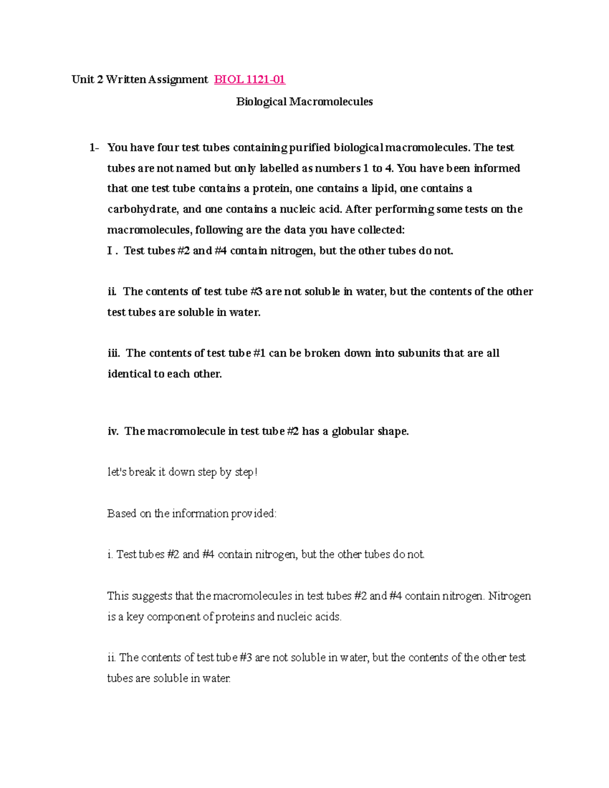 Unit 2 Biological Micromolecules - Unit 2 Written Assignment BIOL 1121- Biological ...